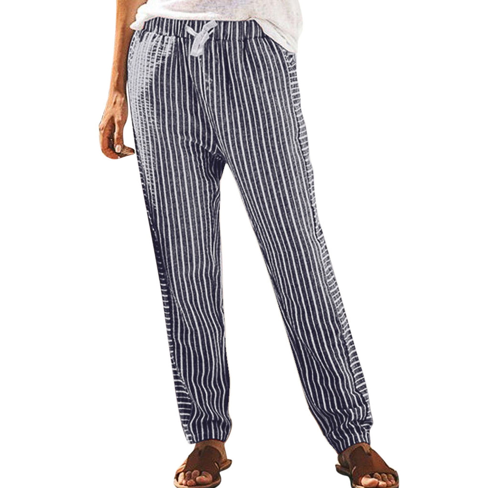 Women's Fashion Striped Drawstring Elastic Waist Pants Casual Loose ...