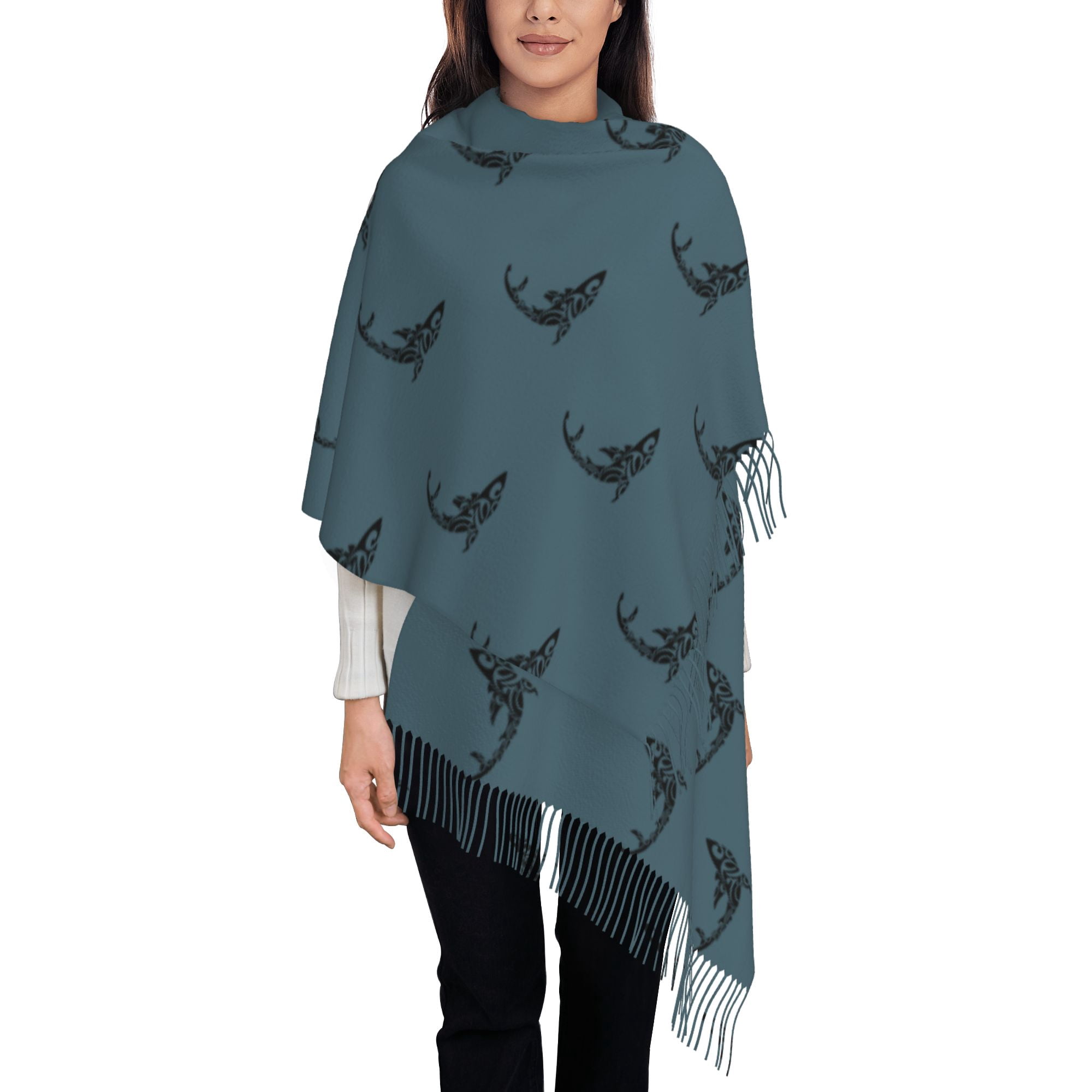 Women's Fashion Tassel Scarf, Cartoon Ocean Shark Long Shawl ...