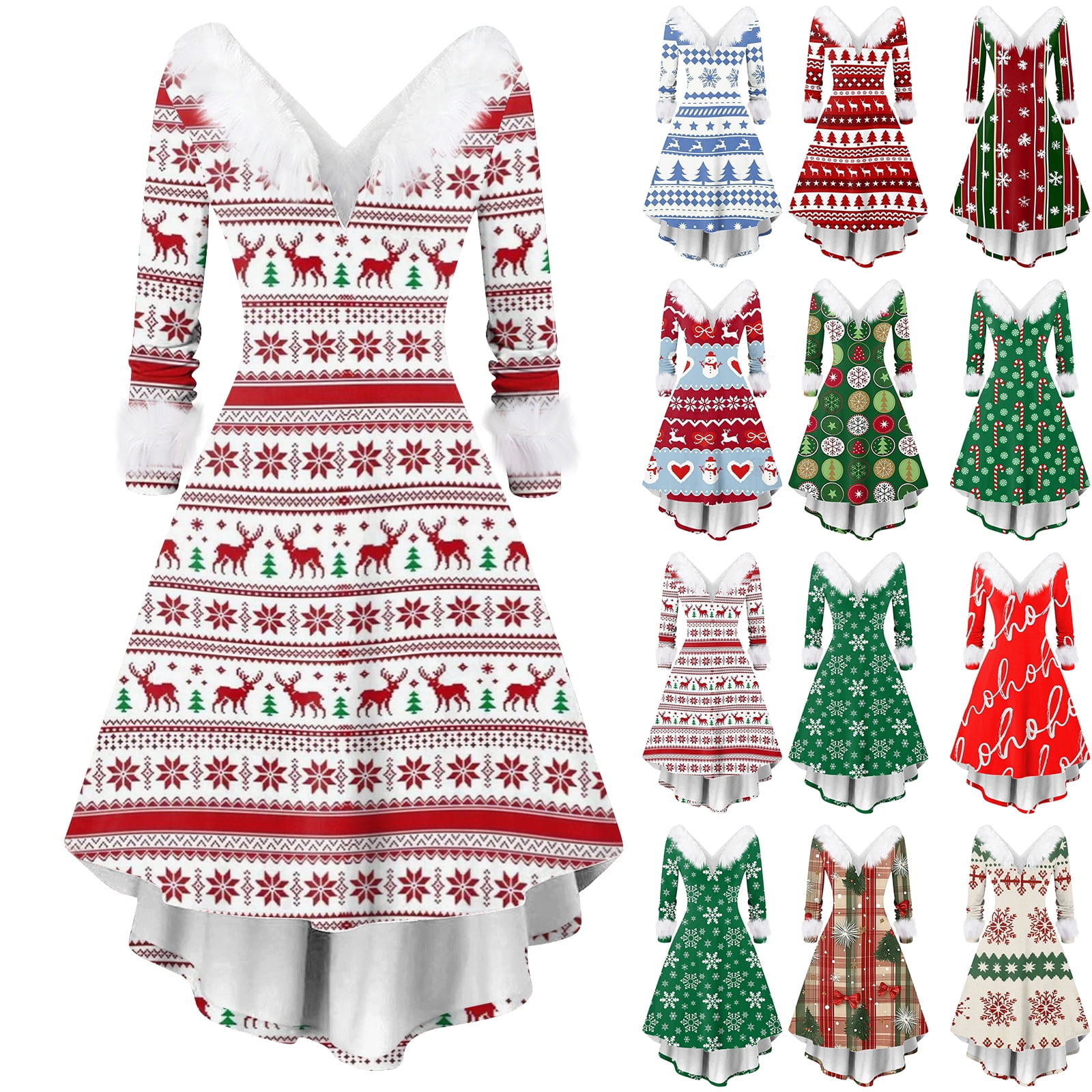 Women's Fashion V-Neck Casual Slim Fit Christmas Print Furry Party Long ...