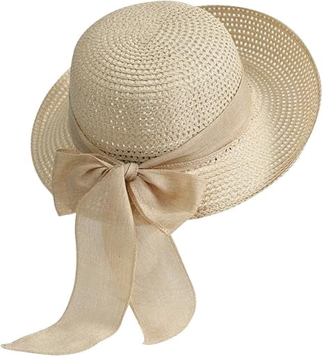 Women's Fashion Vintage Sun Hat with Bowknot Foldable Straw Fedora Wide ...