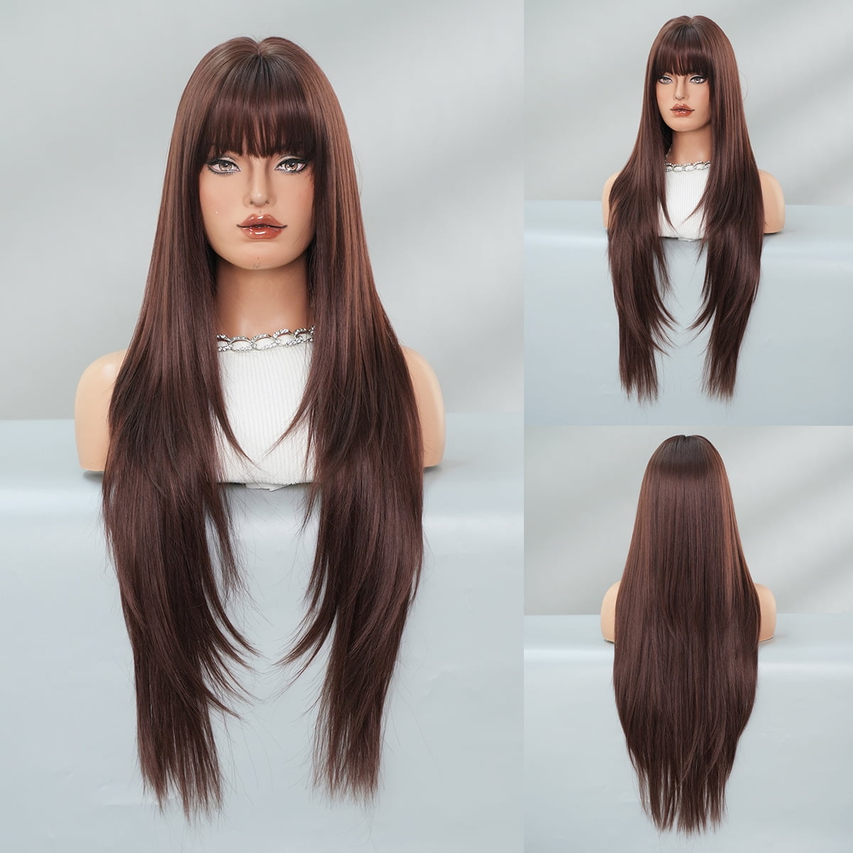 Women's Fashion Wig for Round Face, Layered Extra Long Straight Black ...