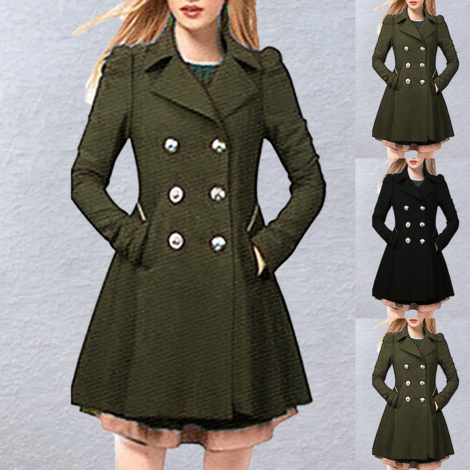 Women's Fashion Winter Coats Notched Lapel Double Peacoat Solid Warm ...
