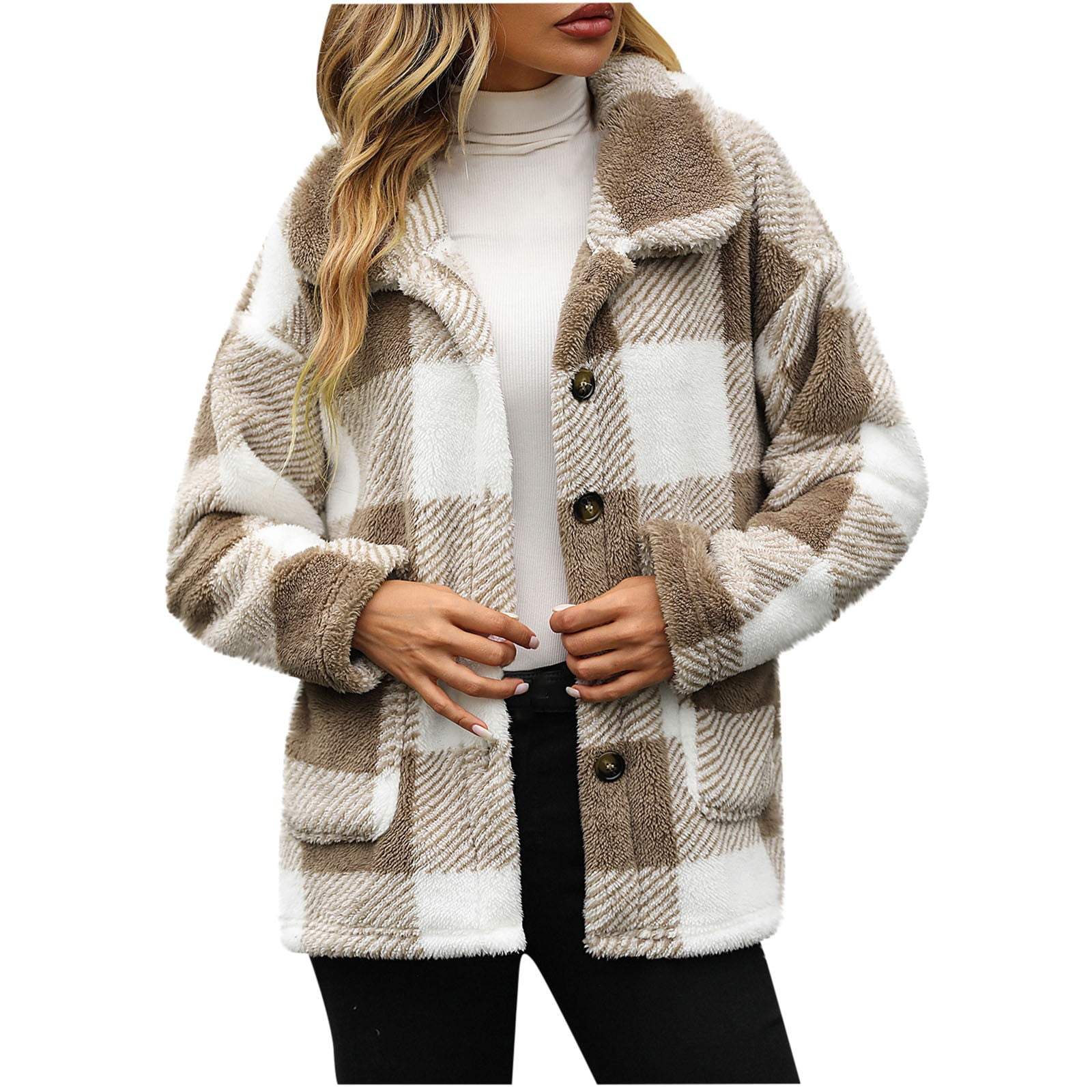 Women's Fashion Winter Fuzzy Warm Fleece Coat Lapel Button Down Shaggy ...
