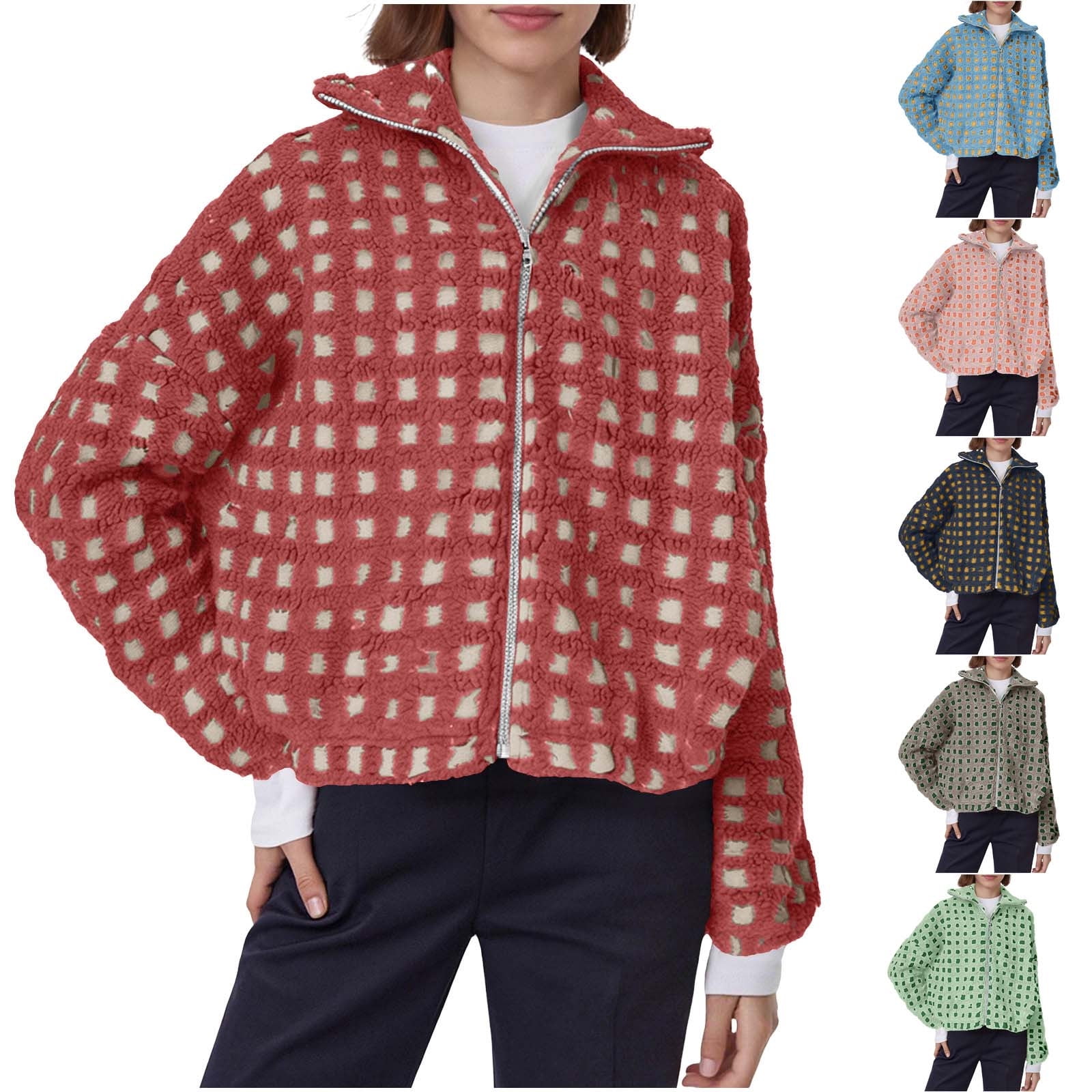 Women's Fashionable Red Checkered Jacket Coat Outerwear, Casual Long ...