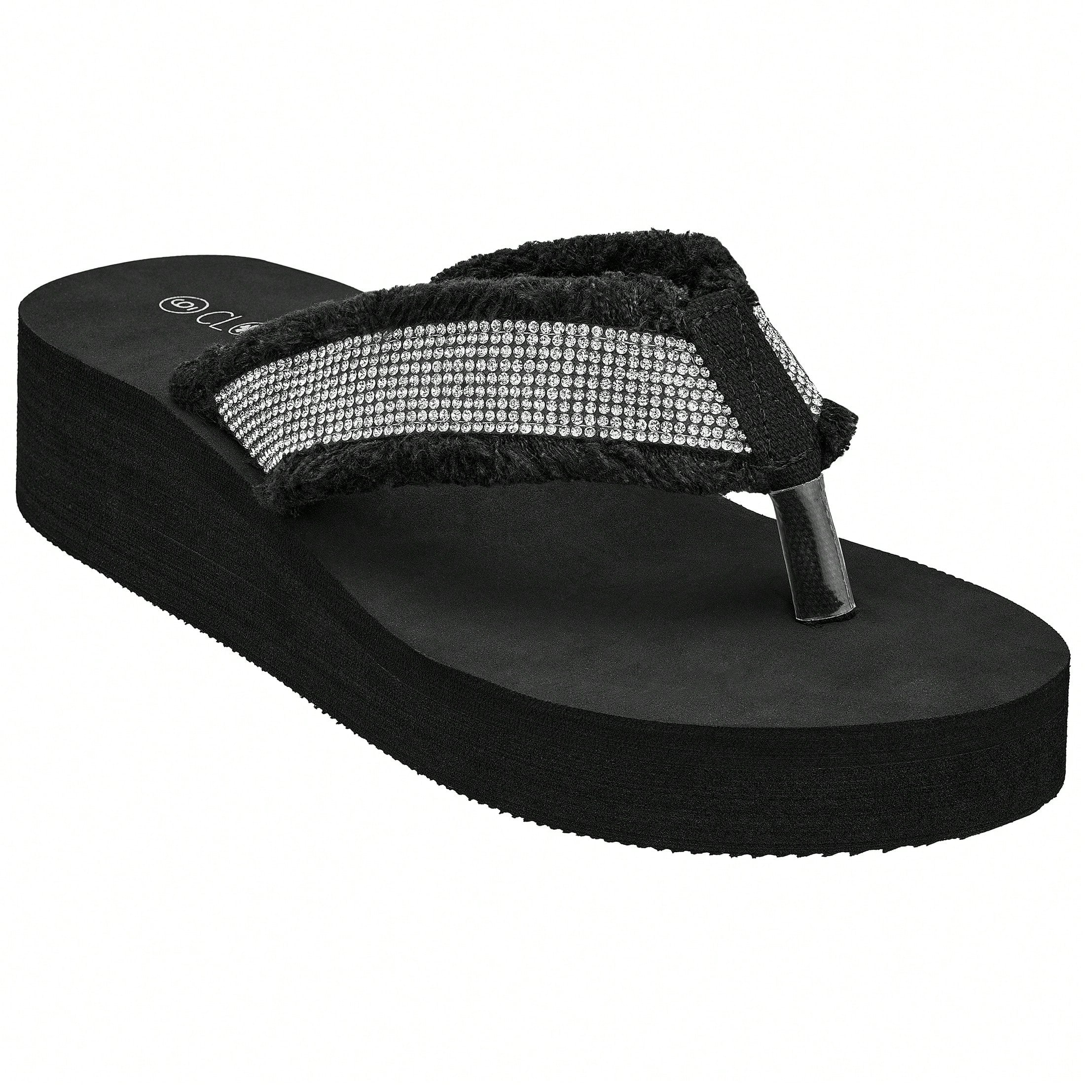 Women's Fashionable Rhinestone Decor Flip Flops Thick Bottom Wedge ...