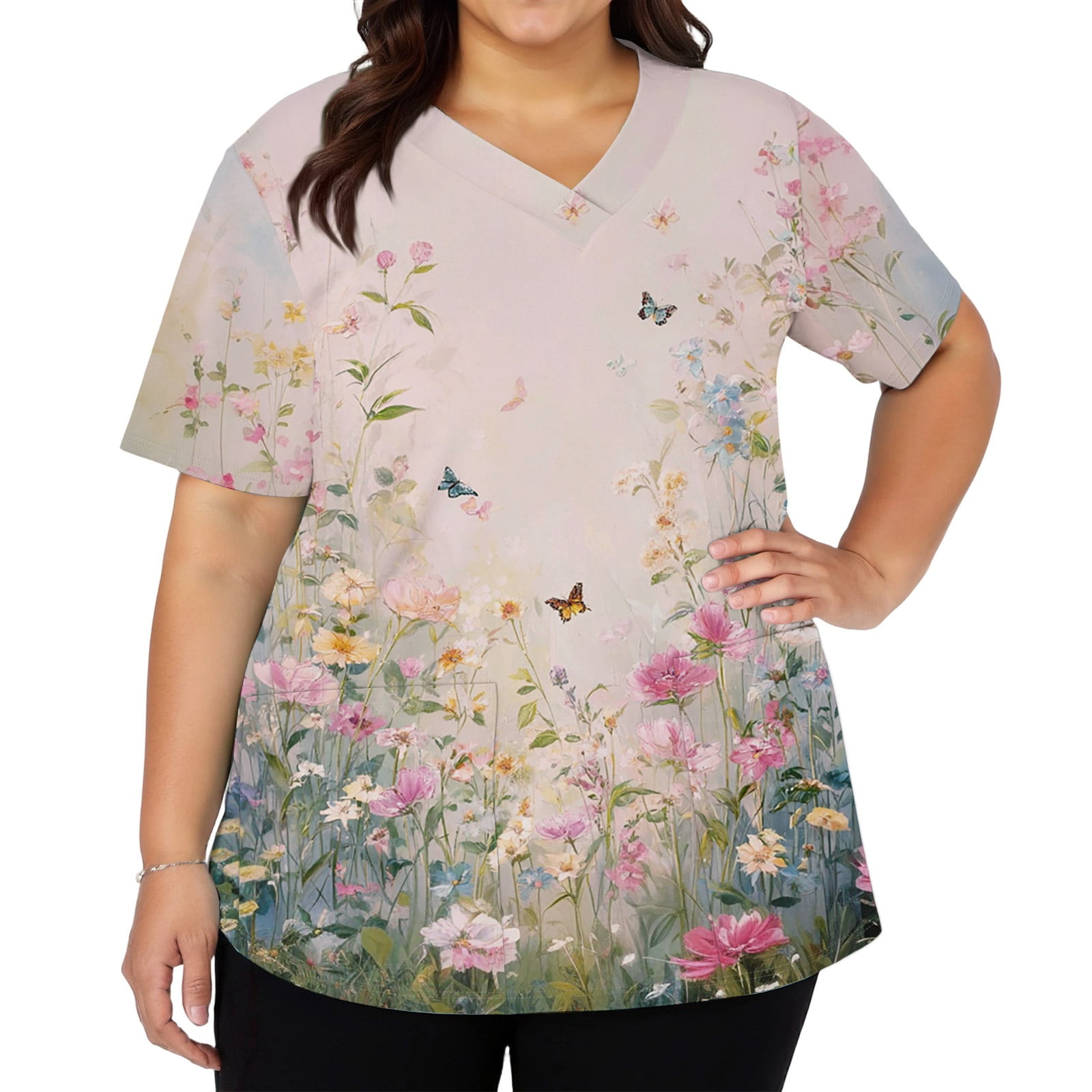 Women's Fashionable V-Neck Short Sleeve Work Top with Double Side Slits ...