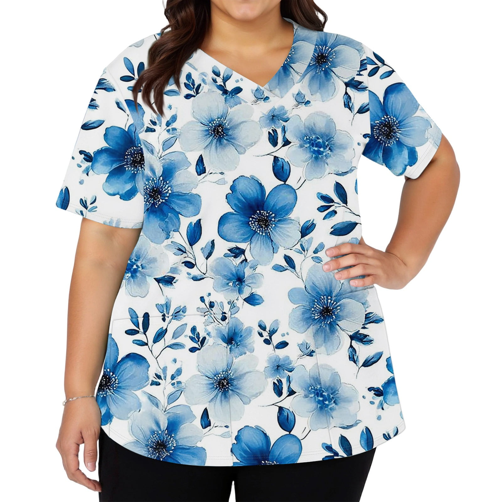 Women's Fashionable V-Neck Short Sleeve Work Top with Double Side Slits ...