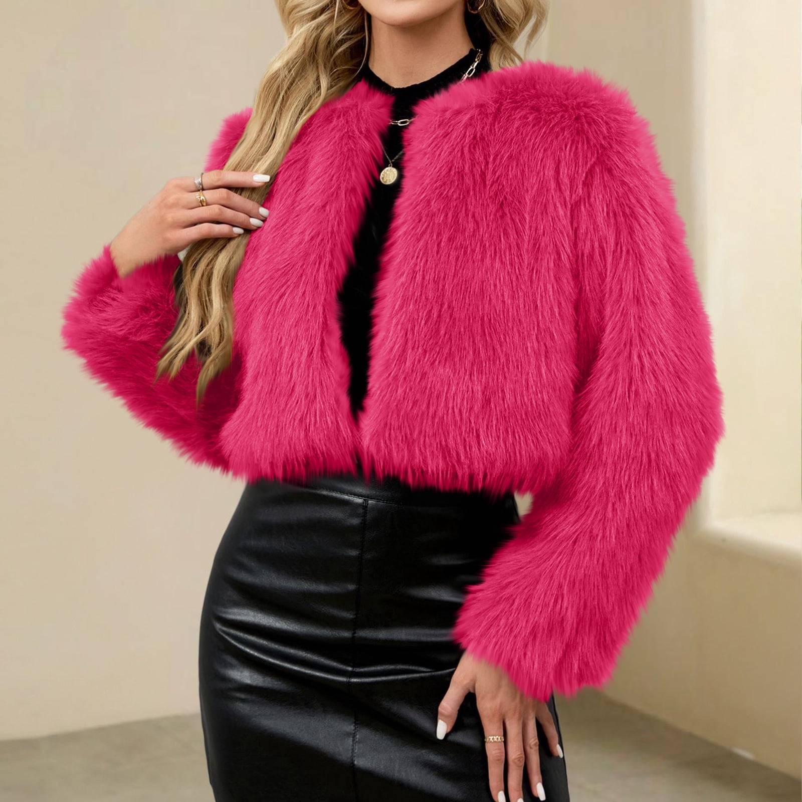 Women's Cropped Faux Fur Coat Long Sleeve Open Front Cardigan Casual ...