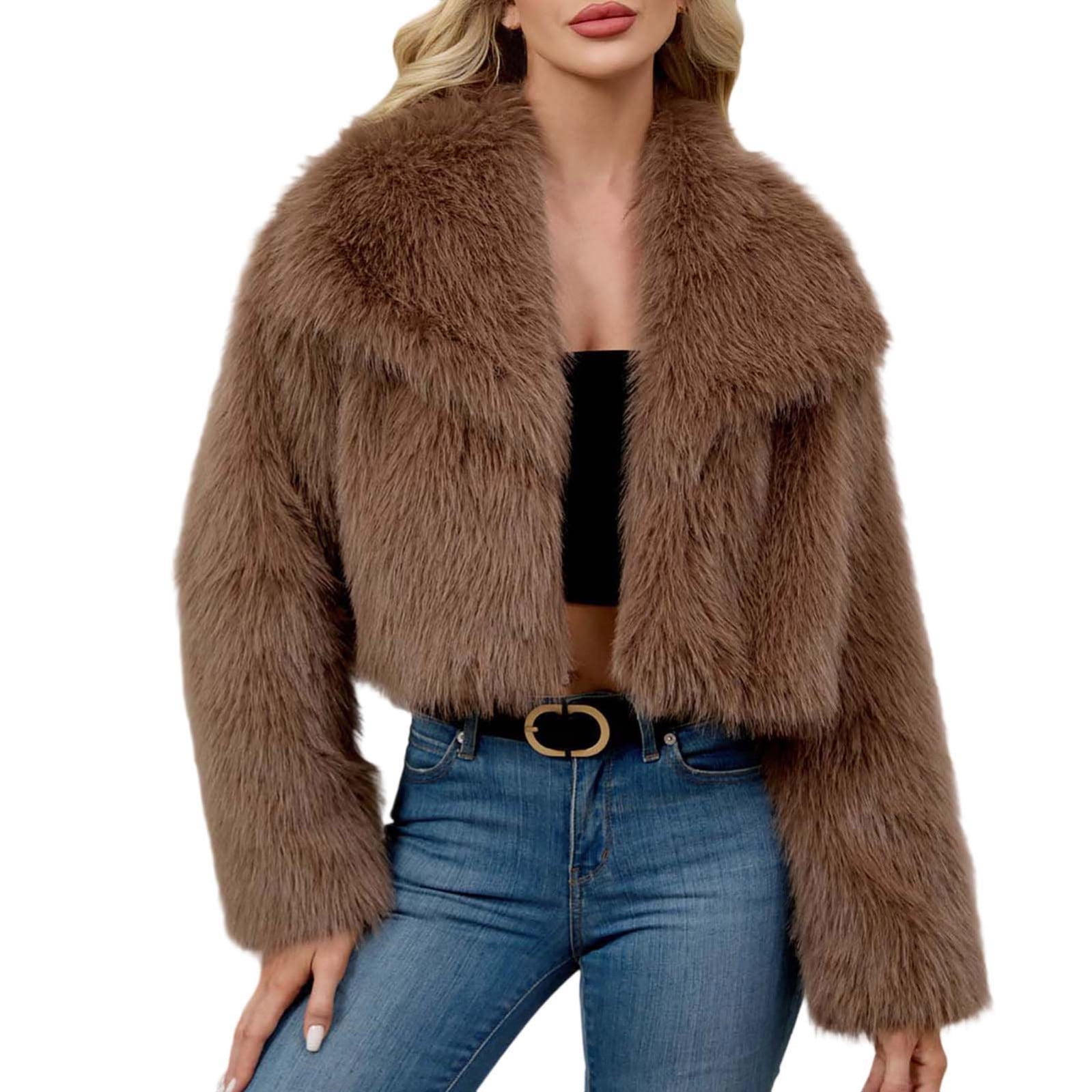 Women's Faux-Fur Coat Fluffy Faux-Fur Jacket Long Sleeve Lapel Furry ...