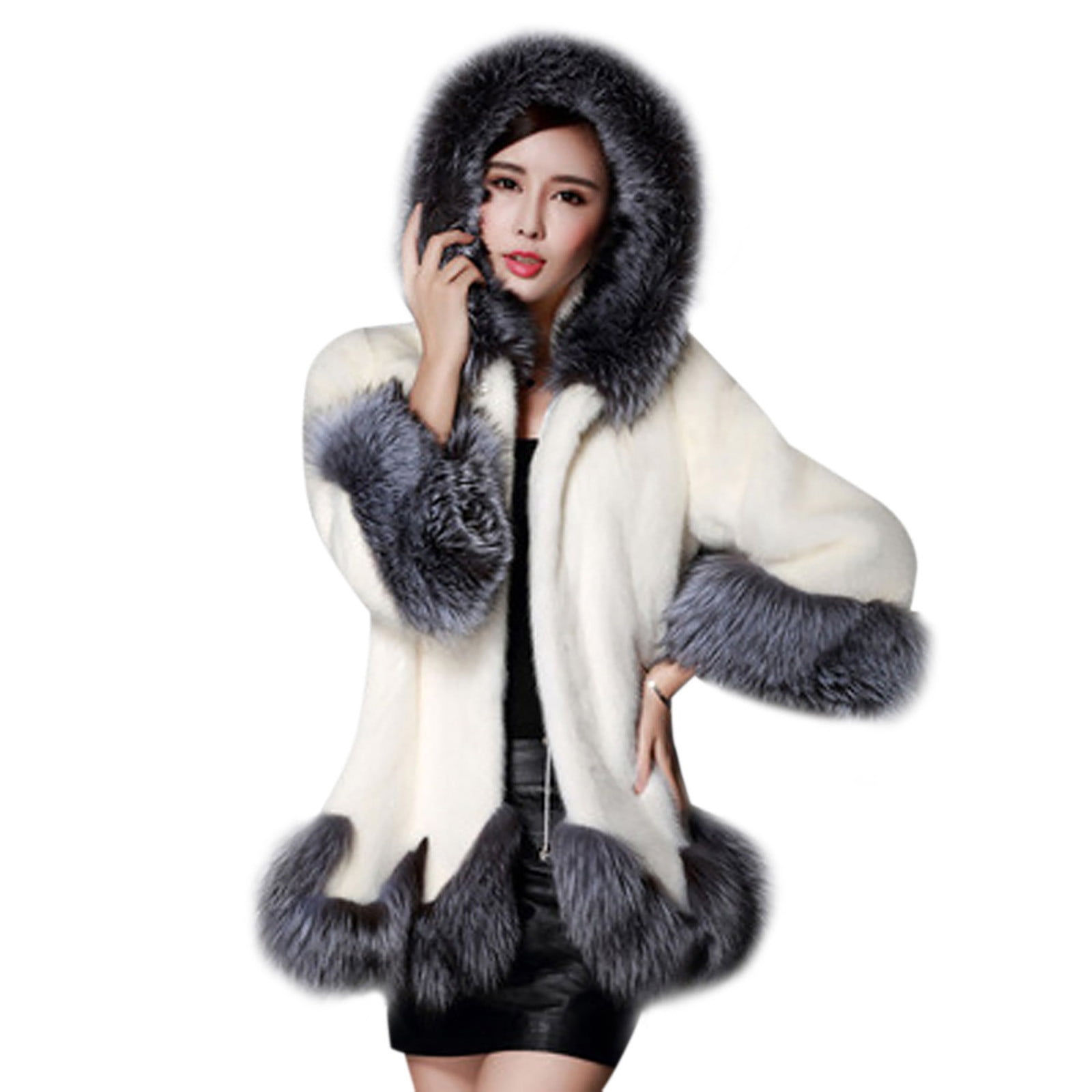 Women's Faux Fur Coat Hooded Open Front Faux Fur Long Coat Jacket A ...