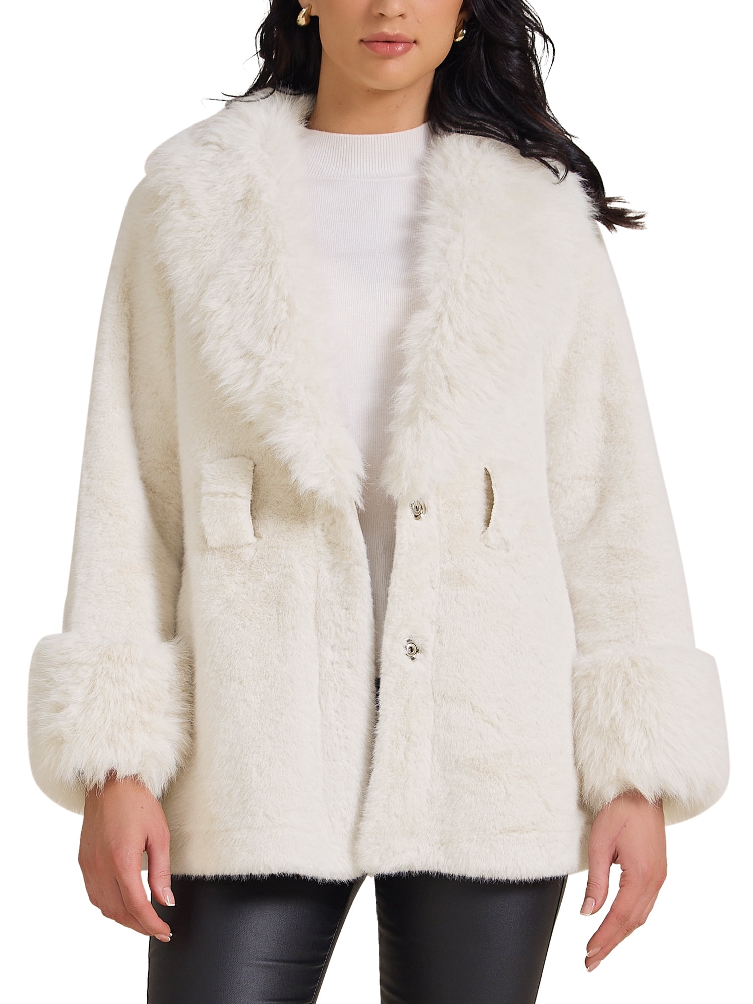 Women's Faux Fur Coat Winter Lapel Shaggy Warm Fluffy Jacket with ...