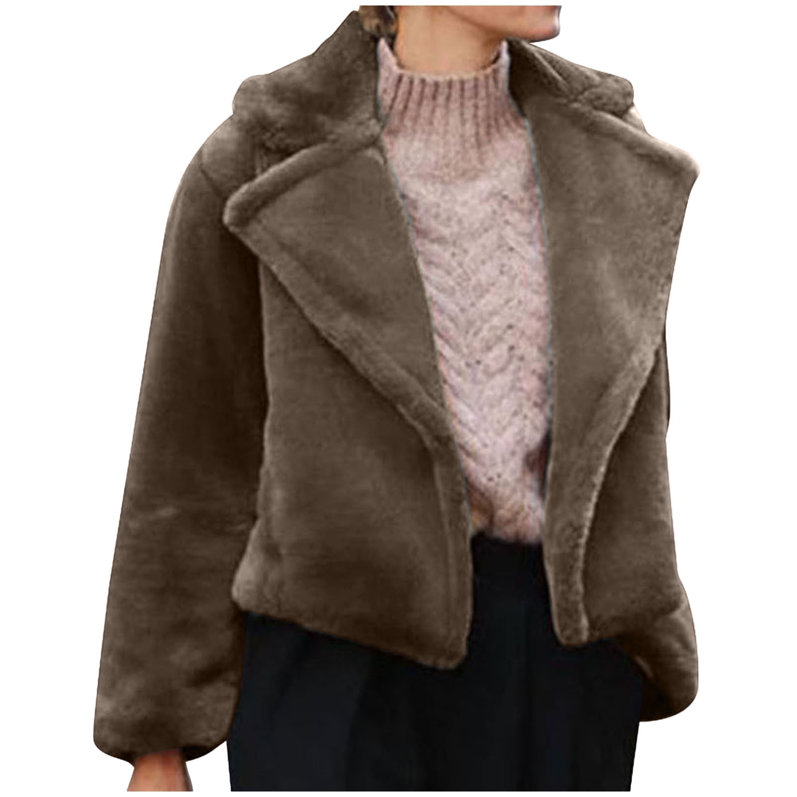 Women's Faux Fur Jacket Notch Lapel Cropped Plush Sherpa Coat 2023 Winter Warm Cozy Fluffy ...