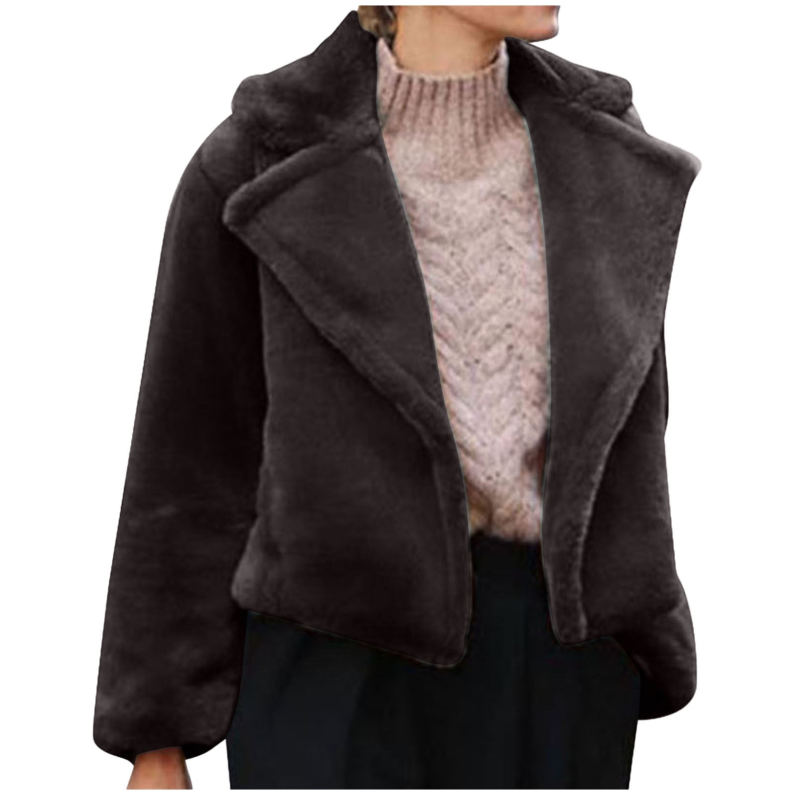 Women's Faux Fur Jacket Notch Lapel Cropped Plush Sherpa Coat 2023 Winter Warm Cozy Fluffy ...