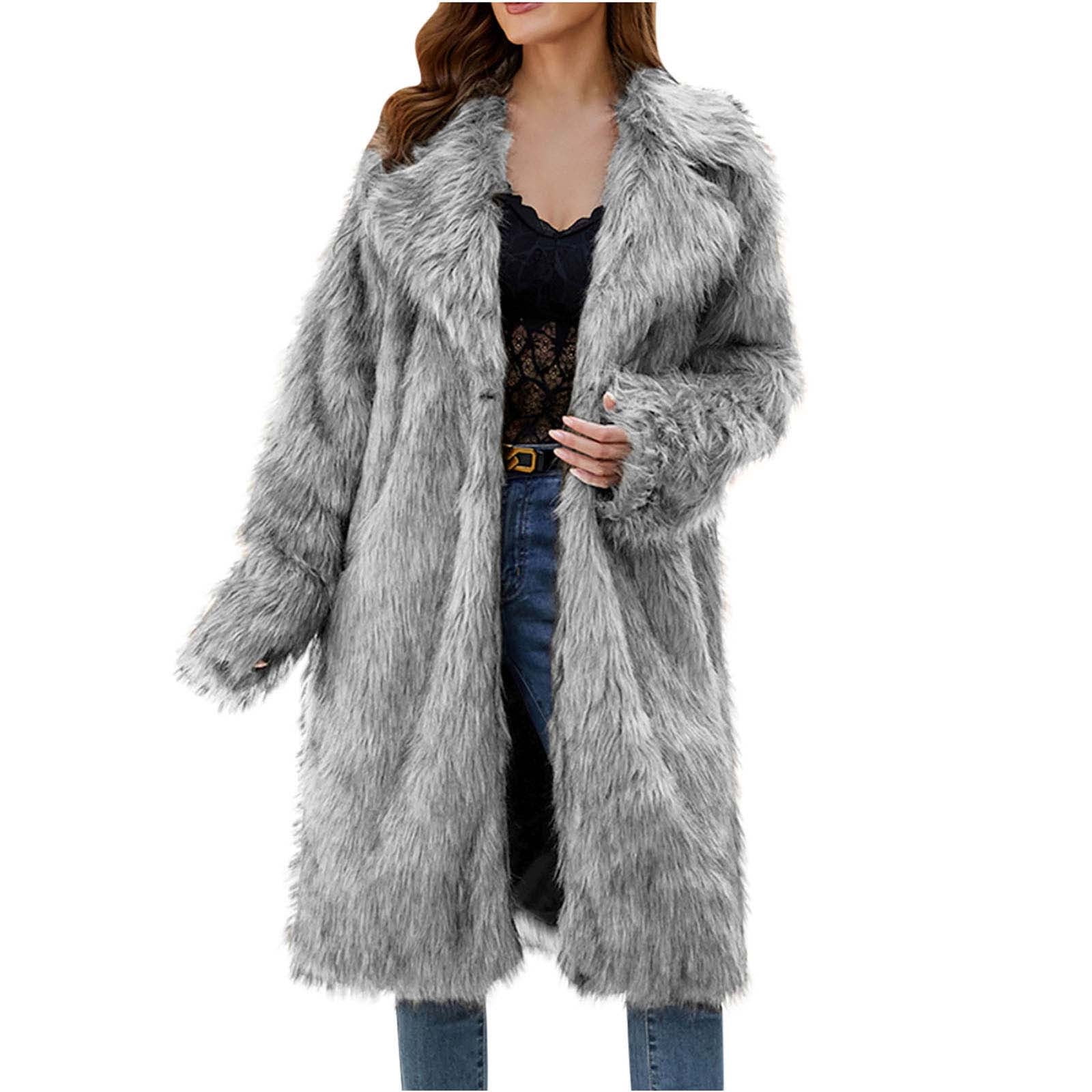 Women's Faux Fur Long Jacket Winter Warm Shaggy Coat Casual Loose Overcoat Long Sleeve Lapel ...
