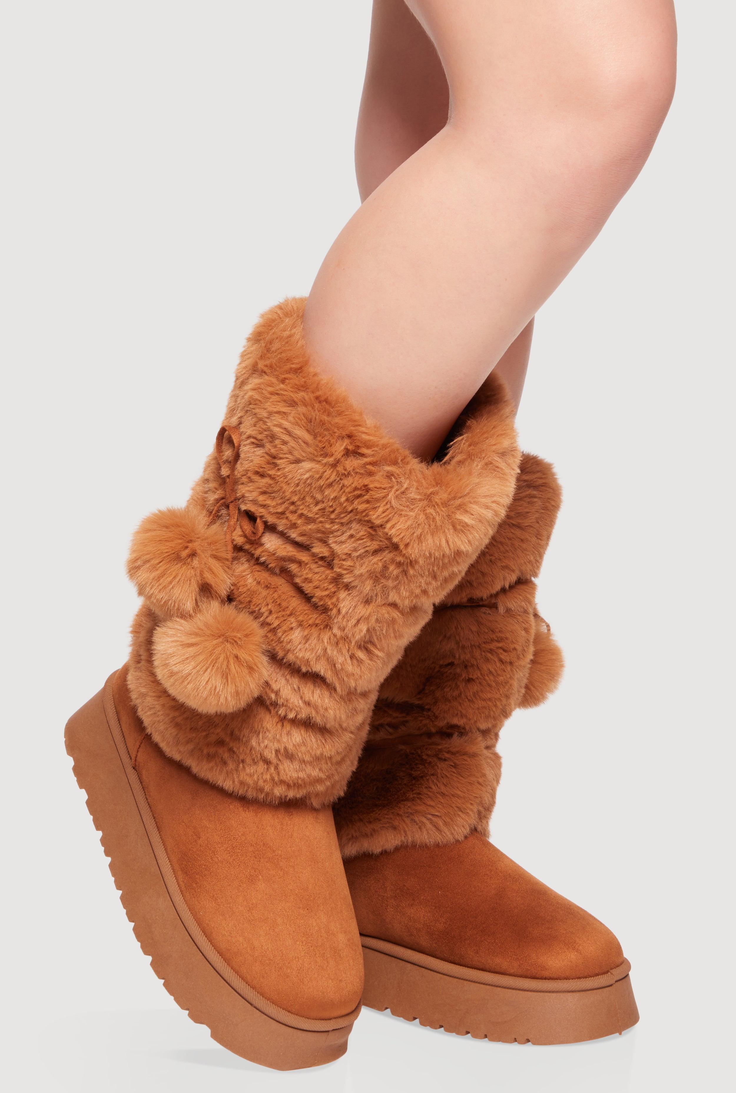 Women's Faux Fur Platform Boots with Pom Poms - Walmart.com