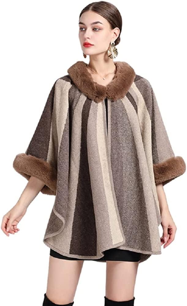 Women's Faux Fur Shawl Wrap Poncho Ruana Cape Open Front Cardigan Warm ...