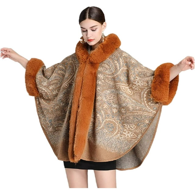 Women's Faux Fur Shawl Wrap Poncho Ruana Cape Open Front Cardigan Warm ...