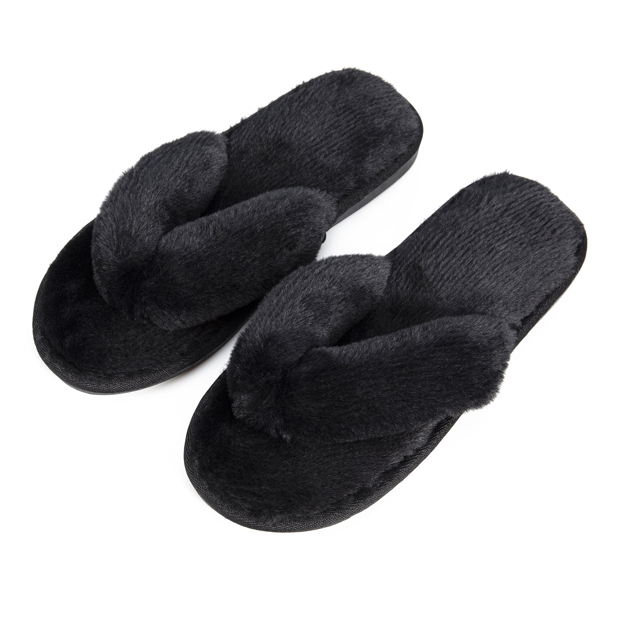 Women's Faux Fur Slippers Warm Fussy Flip Flop Open Toe Non-Slip Home ...