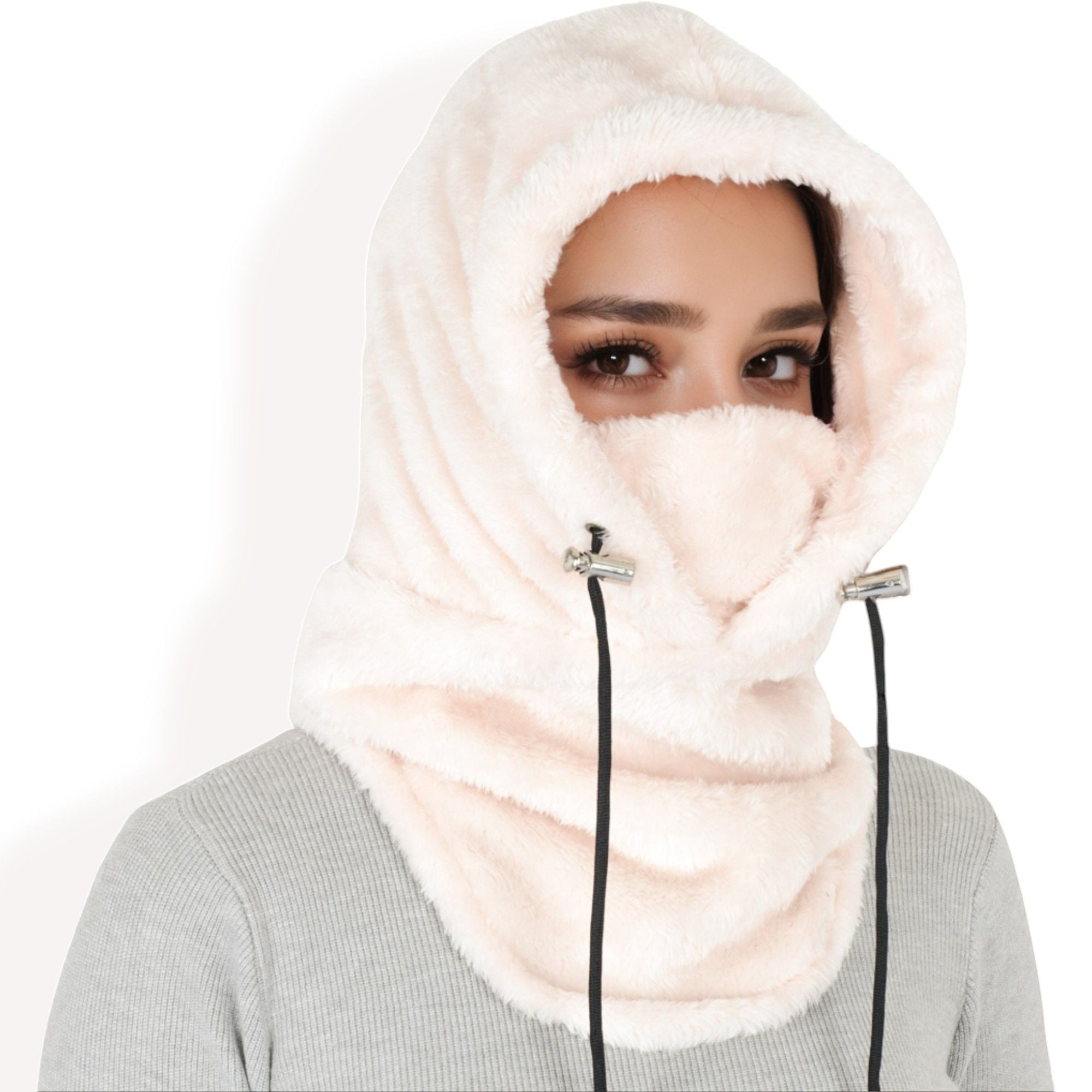 Women's Faux Shearling Hooded Scarf with Adjustable Drawstrings and ...