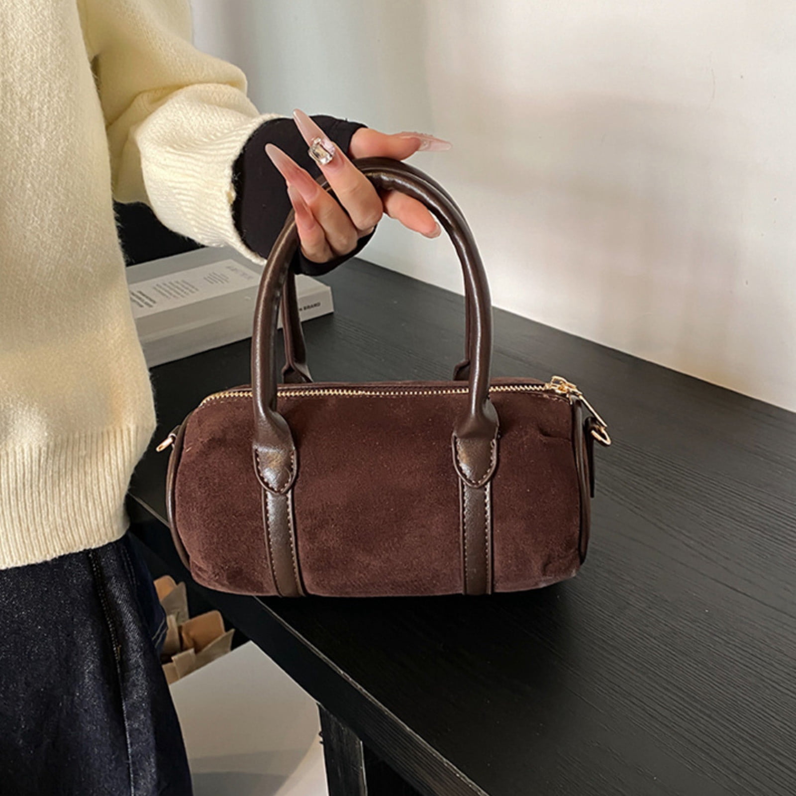 Women's Faux Suede Handle Bag Barrel Purse Tote Crossbody Handbag ...