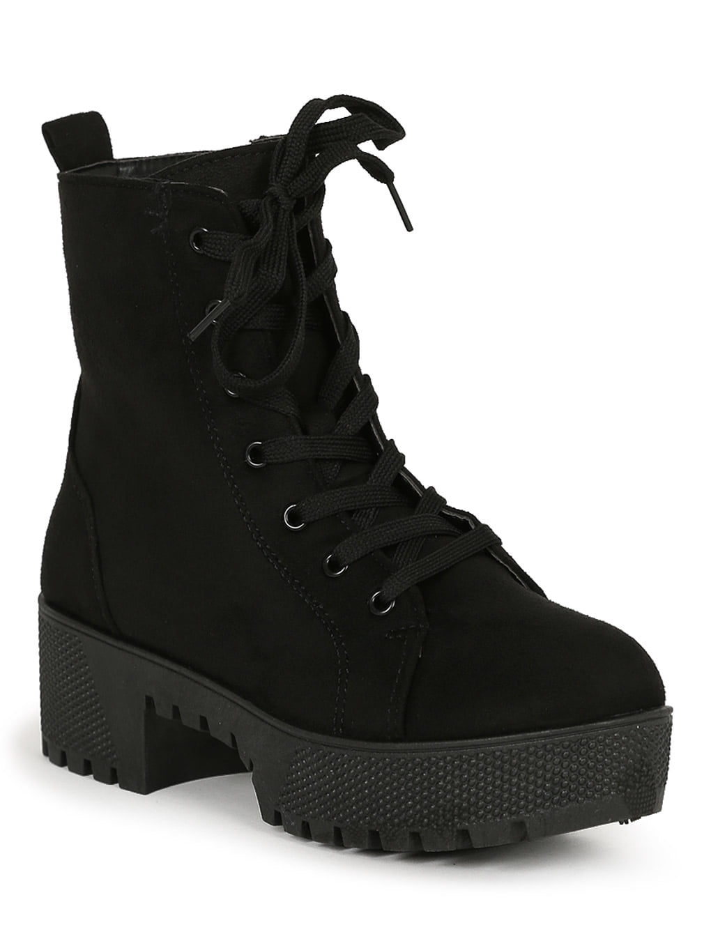 Women's Faux Suede Round Toe Lug Sole Lace Up Platform Combat Ankle ...
