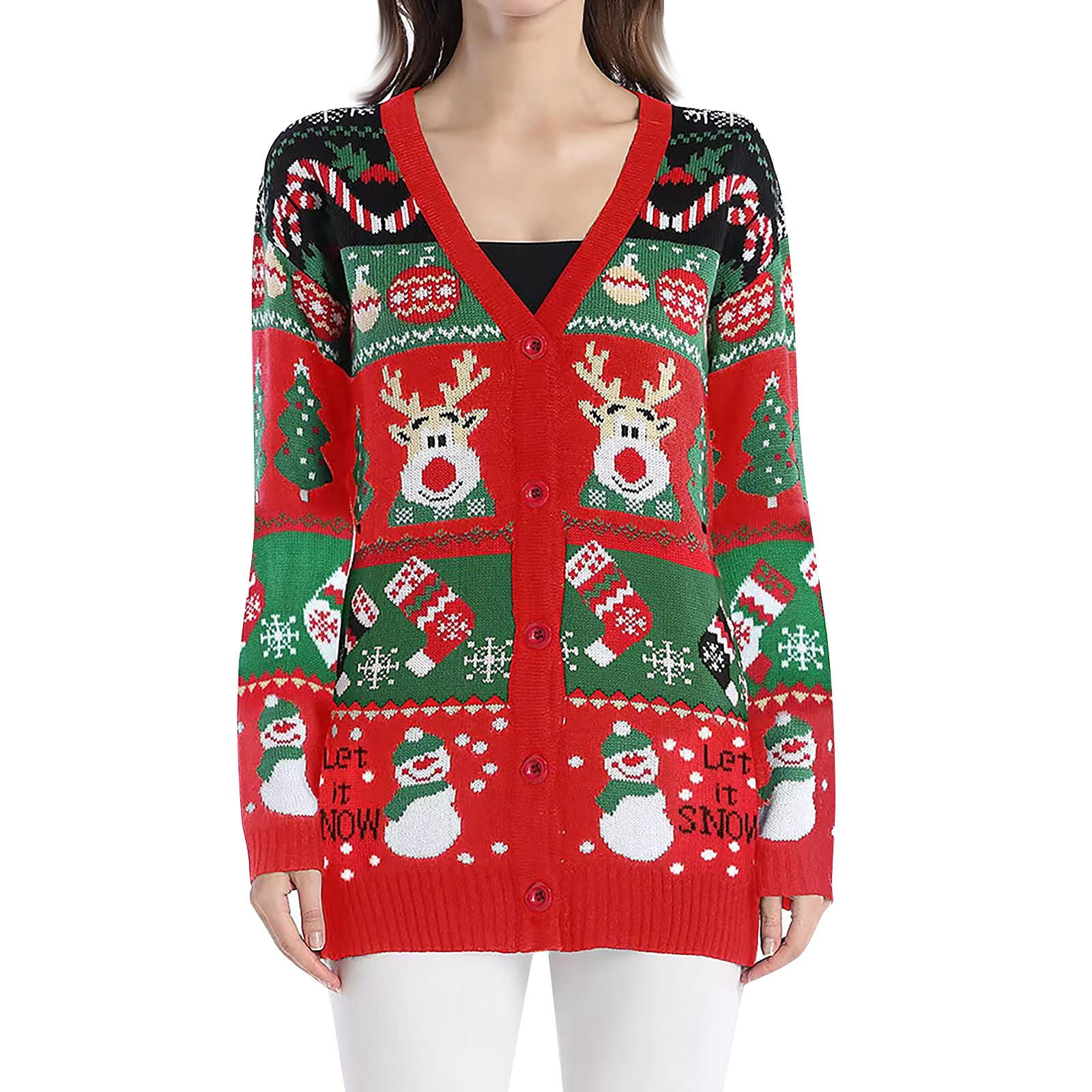Women's Festive Christmas Cardigan Sweater Reindeer, Snowman, and Tree Design Perfect Holiday ...