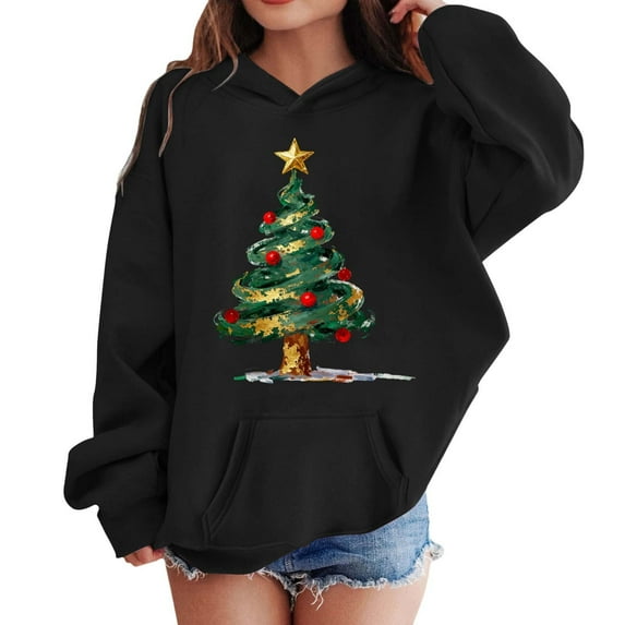 Women's Festive Christmas Tree Print Hoodie - Soft & Cozy Winter Wear ...