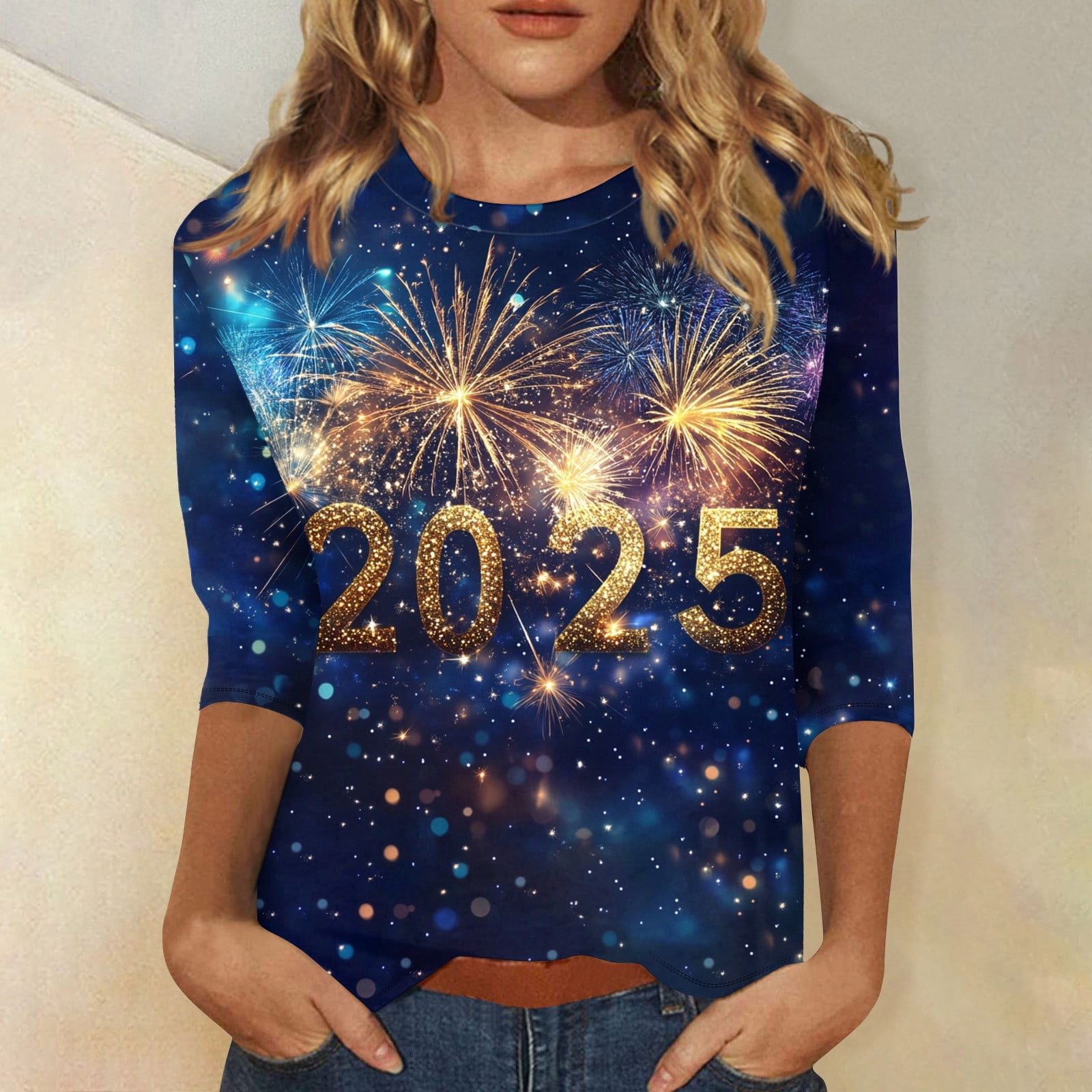 Women's Festive Happy New Year Fireworks Graphic T-Shirt Casual 3/4 ...