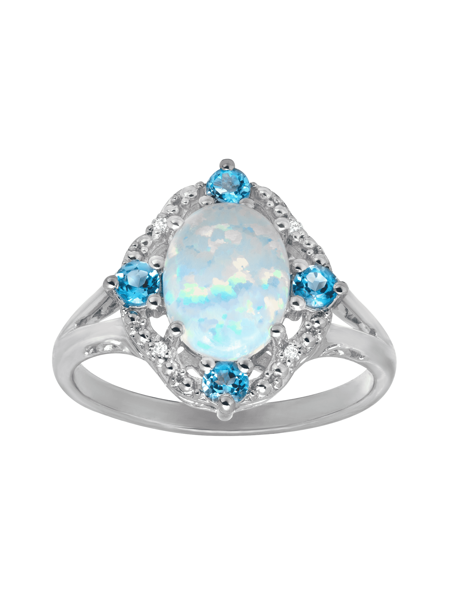 Finecraft Women's Genuine 1 1/6 cttw Lab-Created Opal, Swiss Blue Topaz and Diamond Ring in ...