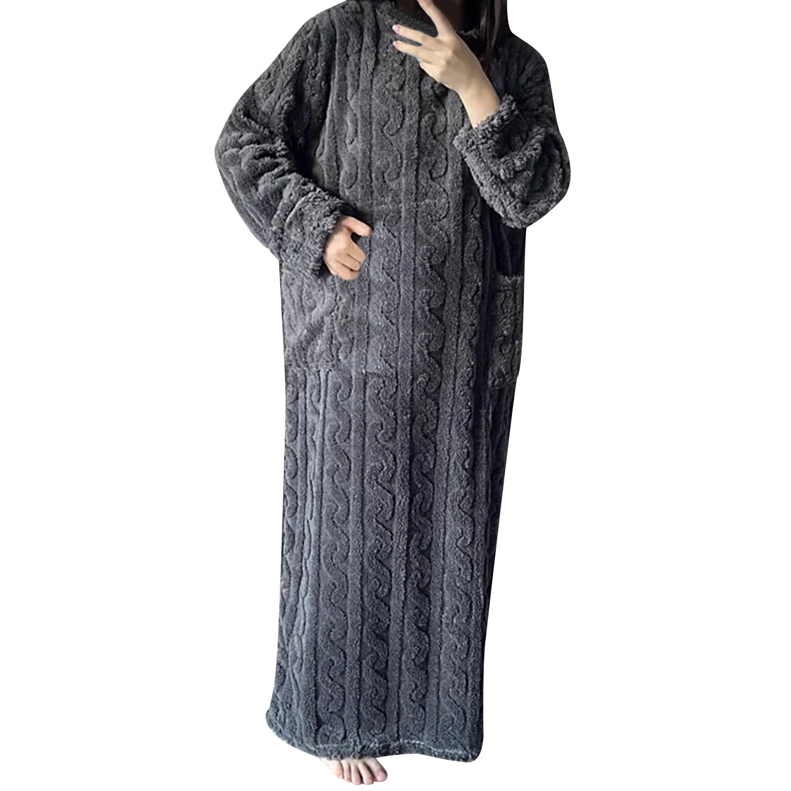 Women's Flannel Nightgown Winter Fleece Warm Sleepwear Crewneck Long ...