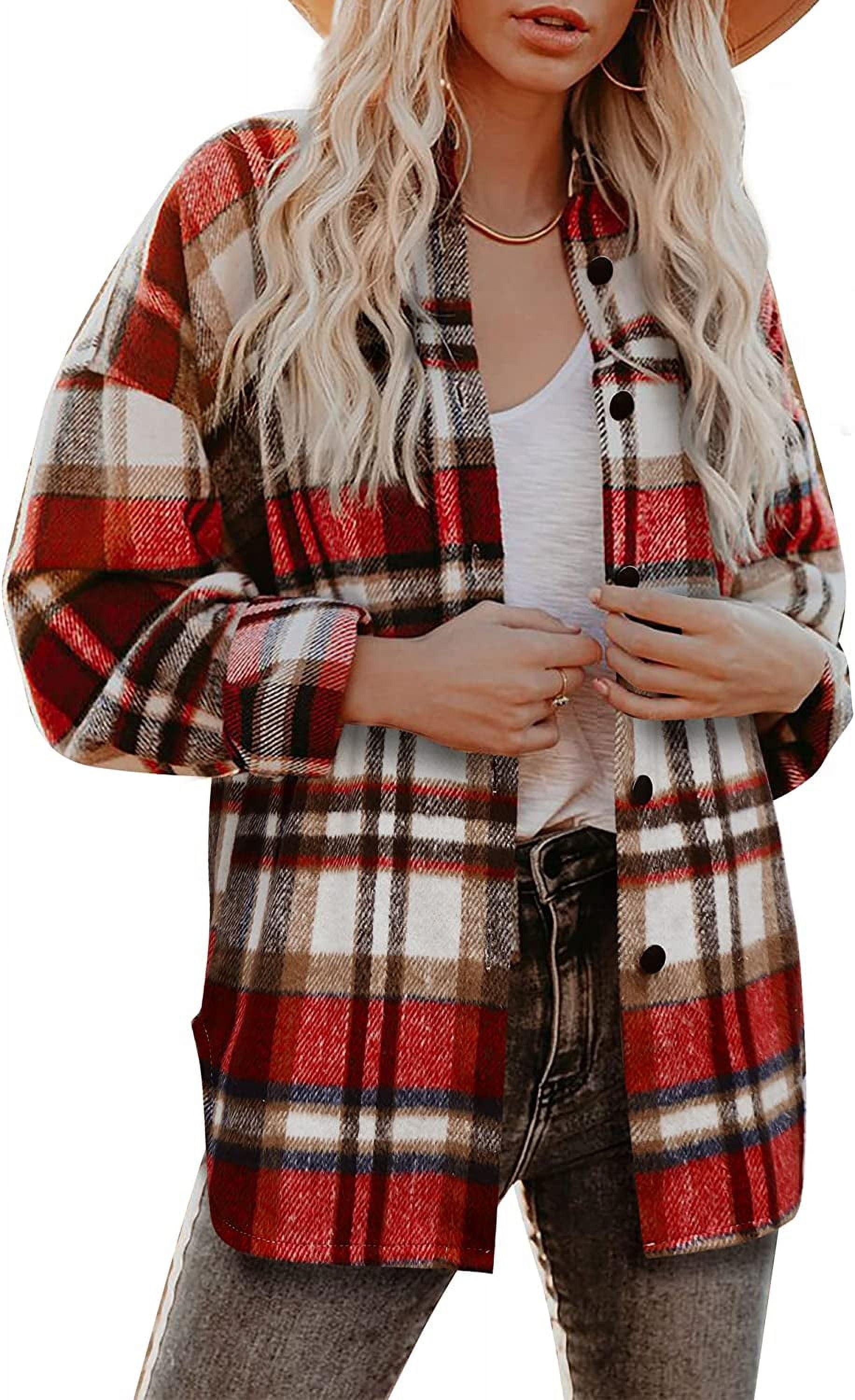 Women's Flannel Plaid Shacket Long Sleeve Button Down Chest Pocketed ...
