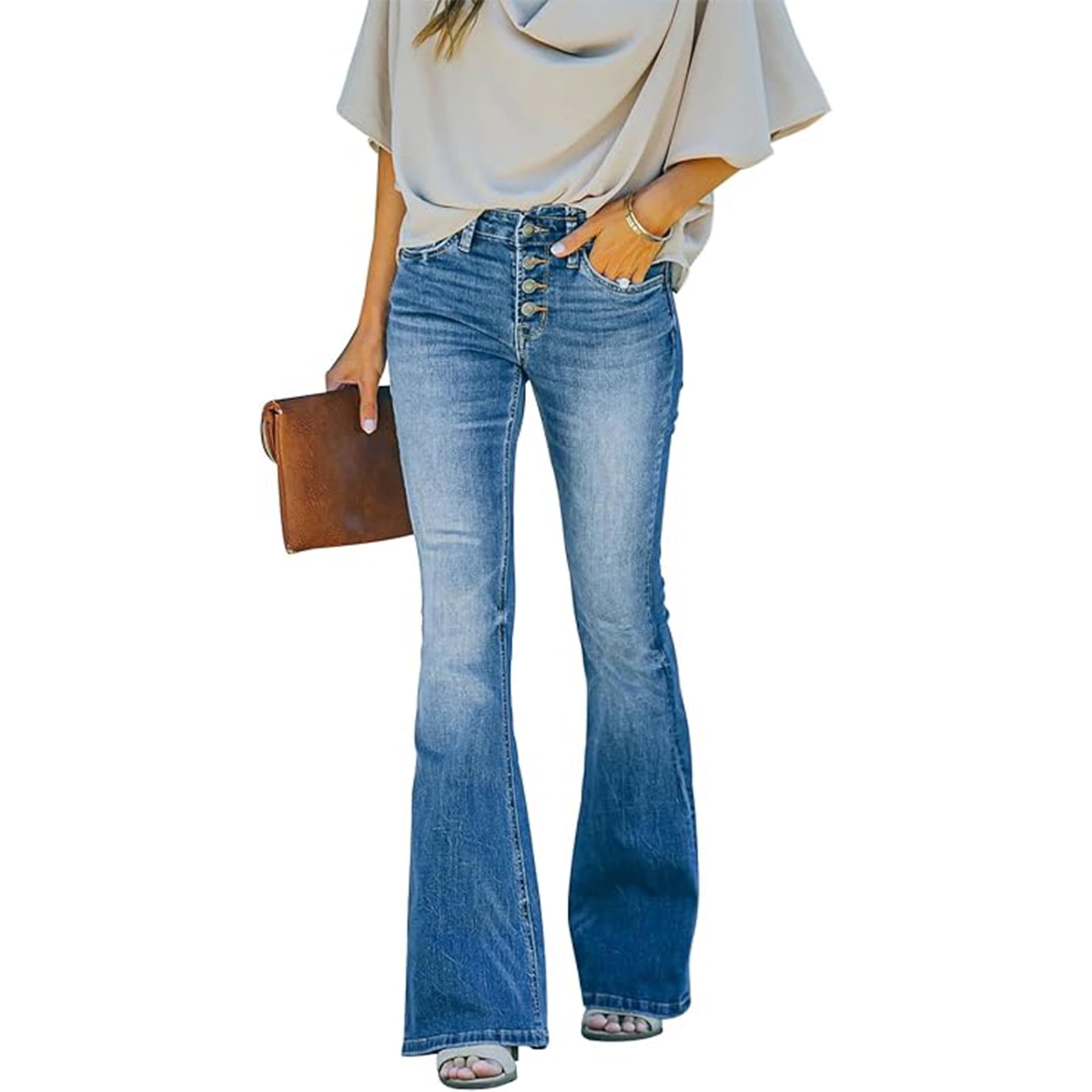 MLDRA Womens Jeans Flare Bell Bottom High Waist Bootcut Button Fly Slim ...