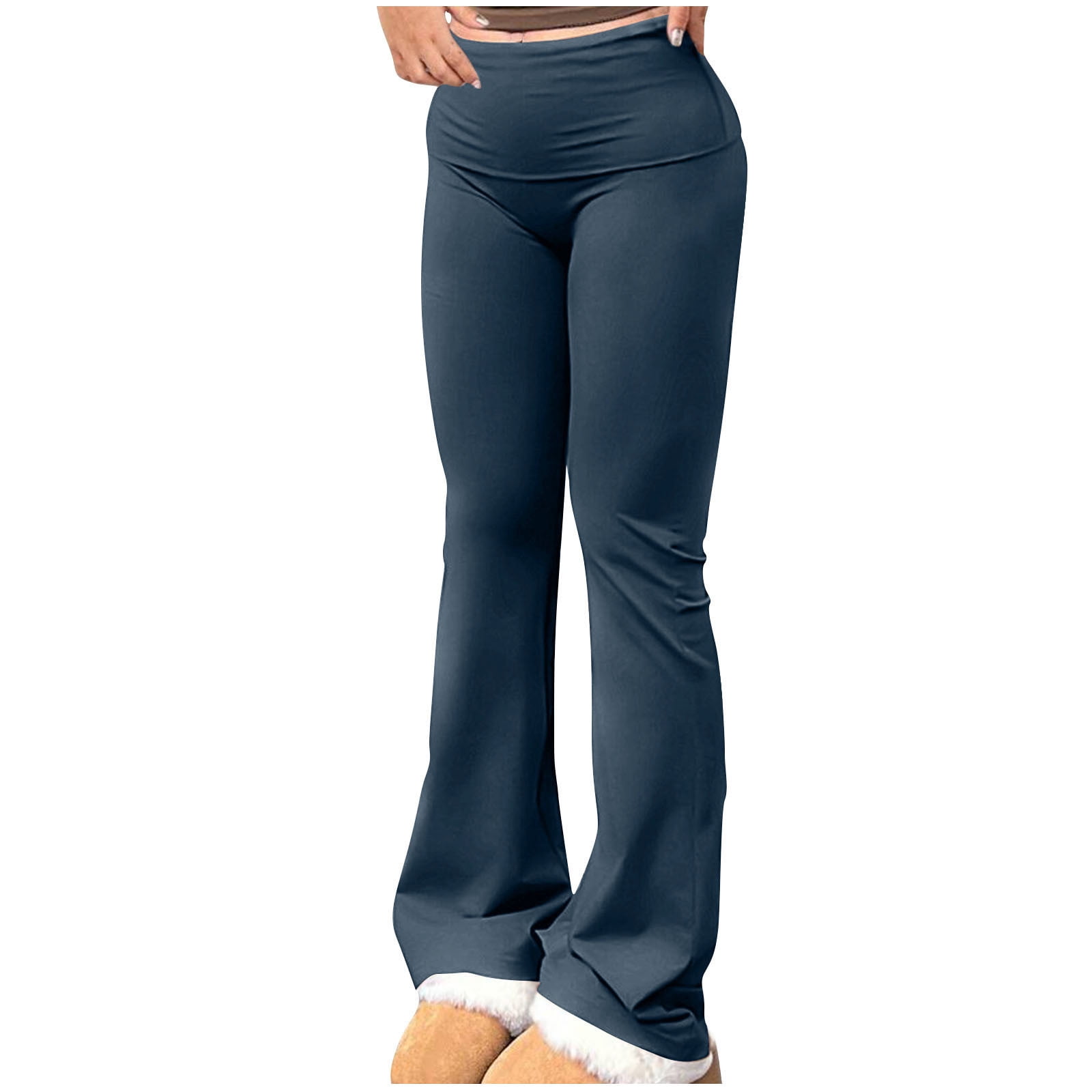Women's Flare Skinny Yoga Pants Fold Over Bell Bottom Leggings Stretch ...