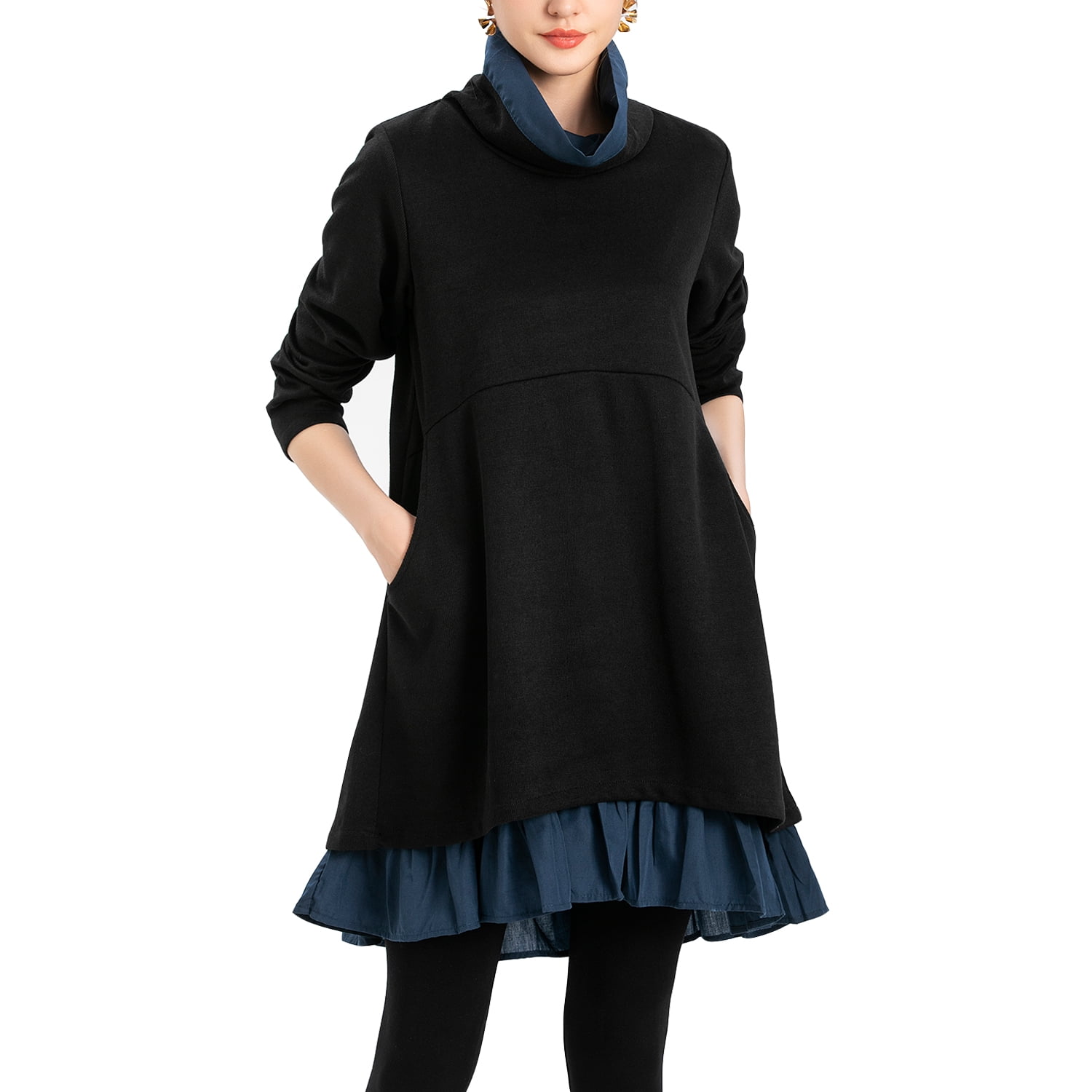 Mordenmiss Women's Black Flared Layers Dress, Hi-Low Ruffle Hem Tunic ...