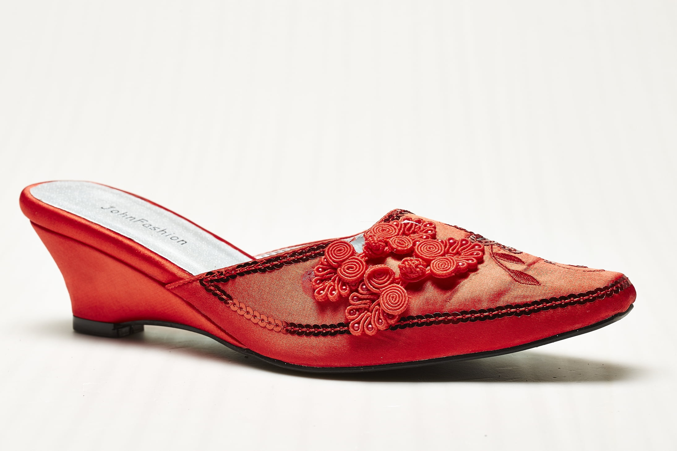 Women's Flat Mules Closed Pointed Toe Slip On Sequin Embroidery ...
