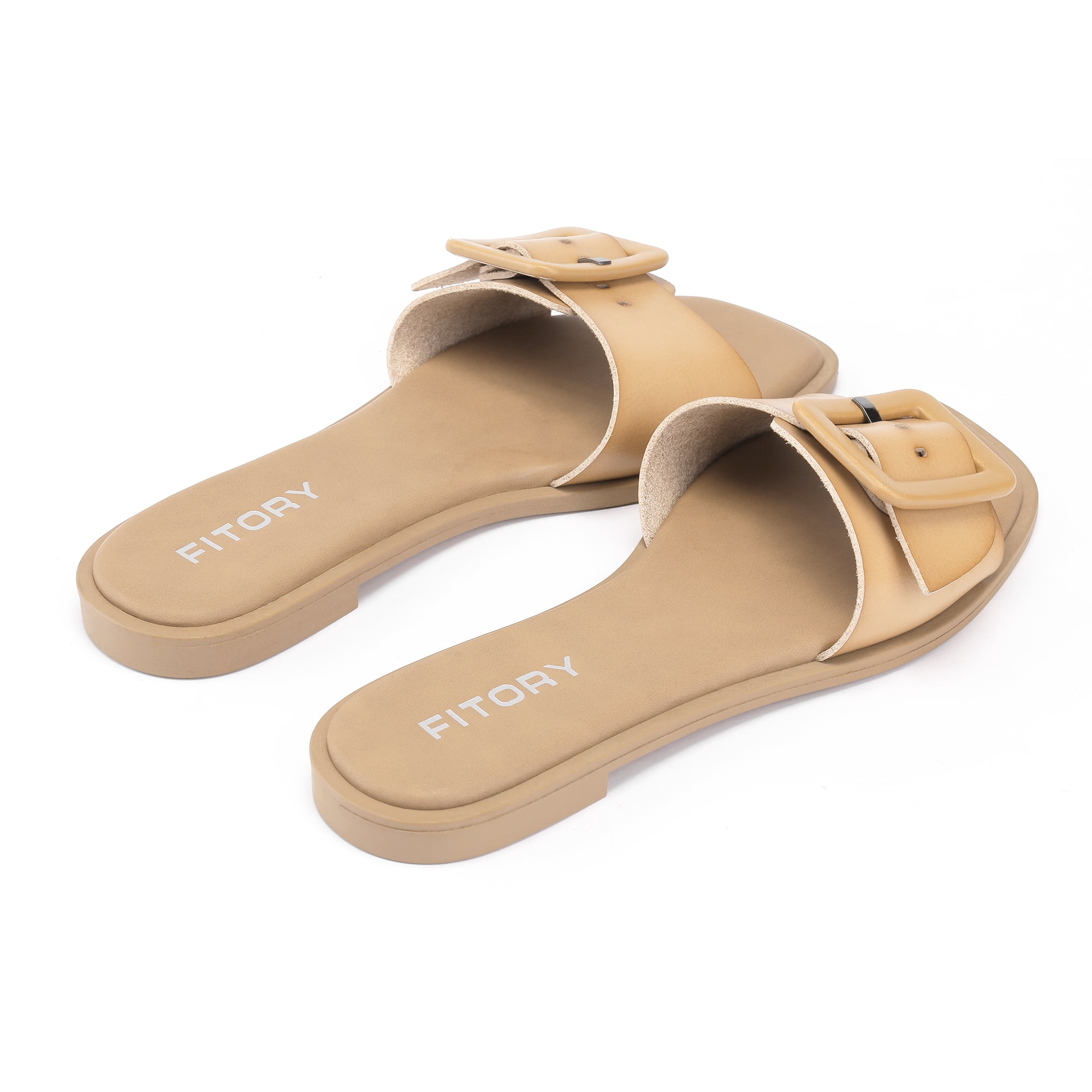 Women's Flat Sandals Fashion Square Toe Slides with Adjustable Buckles ...