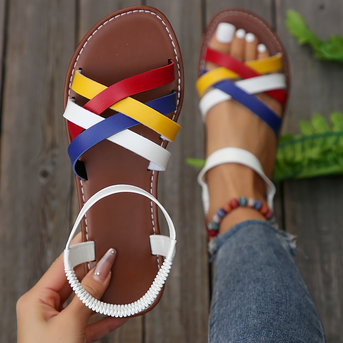 Women's Flat Sandals, Open Toe Elastic Strap Slip On Shoes, Casual ...