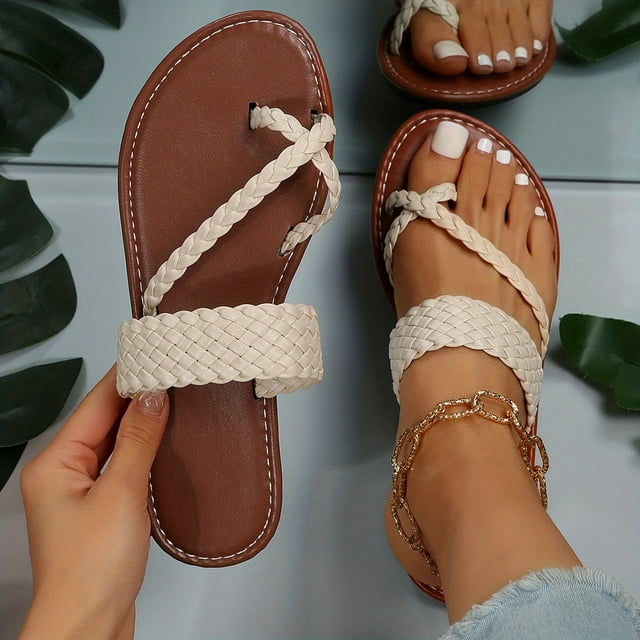 Women's Flat Slide Sandals, Toe Loop Braided Band Slip On Shoes, Casual ...