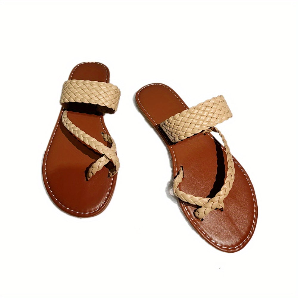 Womens Flat Slide Sandals Weave Detail Thong Sandals Braided Vamp Beach Slippers