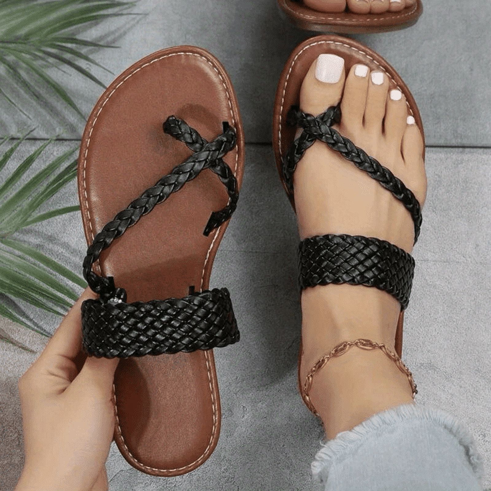 Women's Flat Slide Sandals, Weave Detail Thong Sandals, Braided Vamp ...