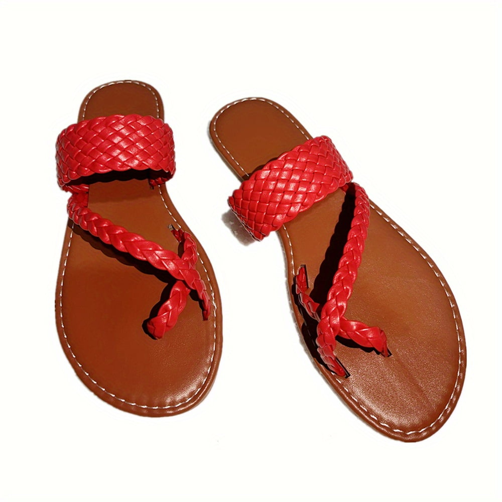 Womens Flat Slide Sandals Weave Detail Thong Sandals Braided Vamp Beach Slippers