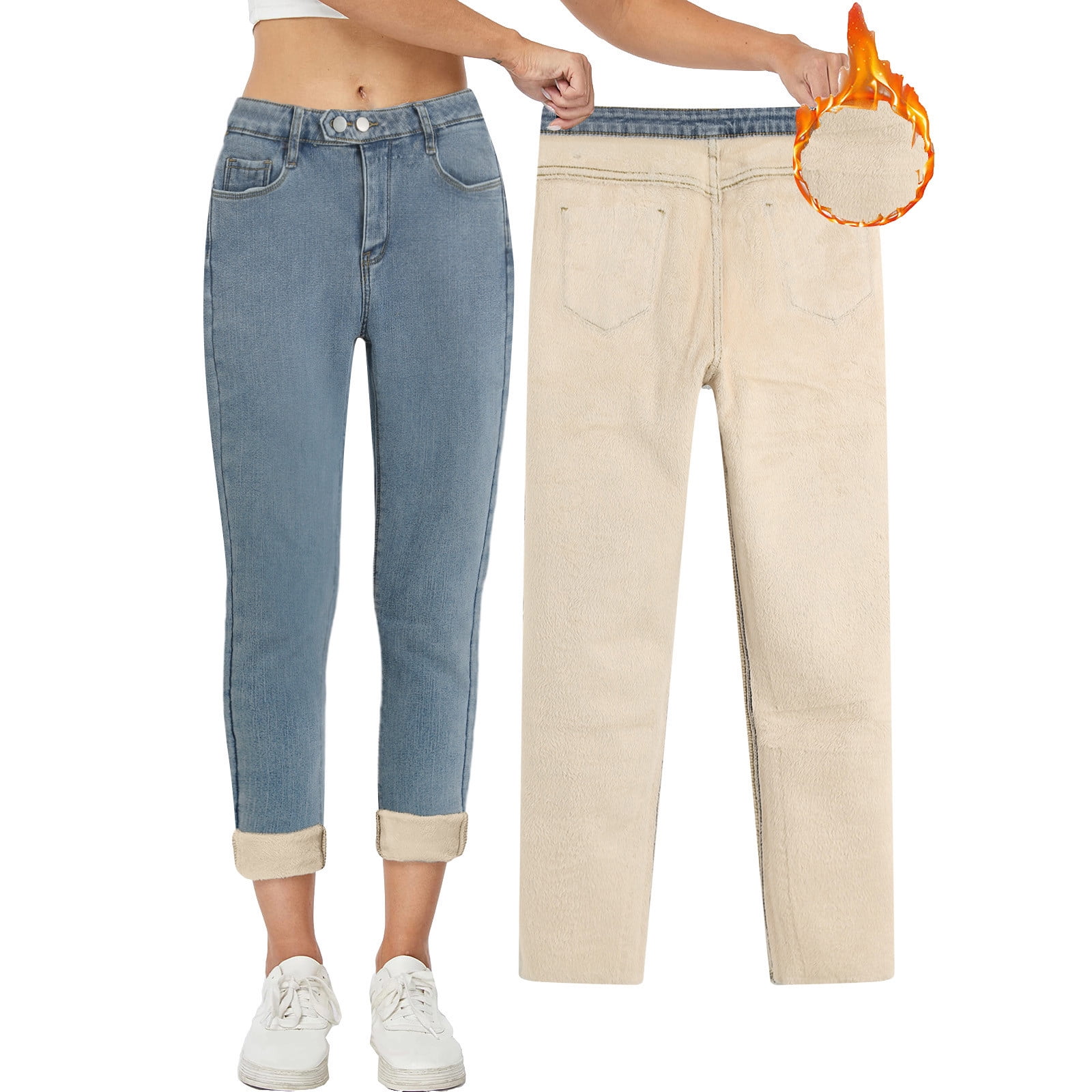 Women's Fleece Lined Jeans Slim Fit Warm Skinny High Waist Denim Jean ...