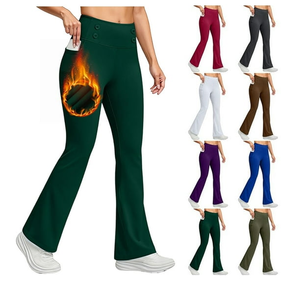 Women's Fleece Lined Pants with Pockets High Waist Thermal Flare ...