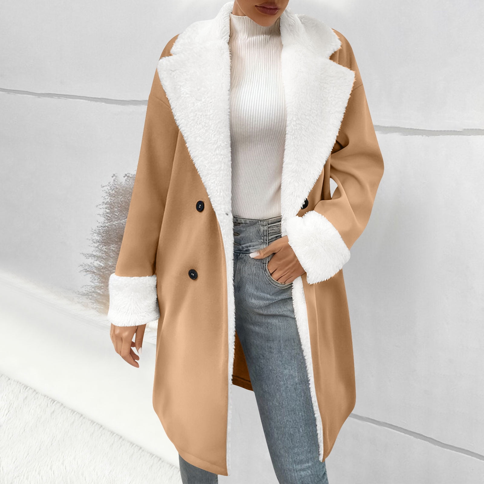 Women's Fleece Lined Winter Coats Warm Double Breasted Long Fleece ...
