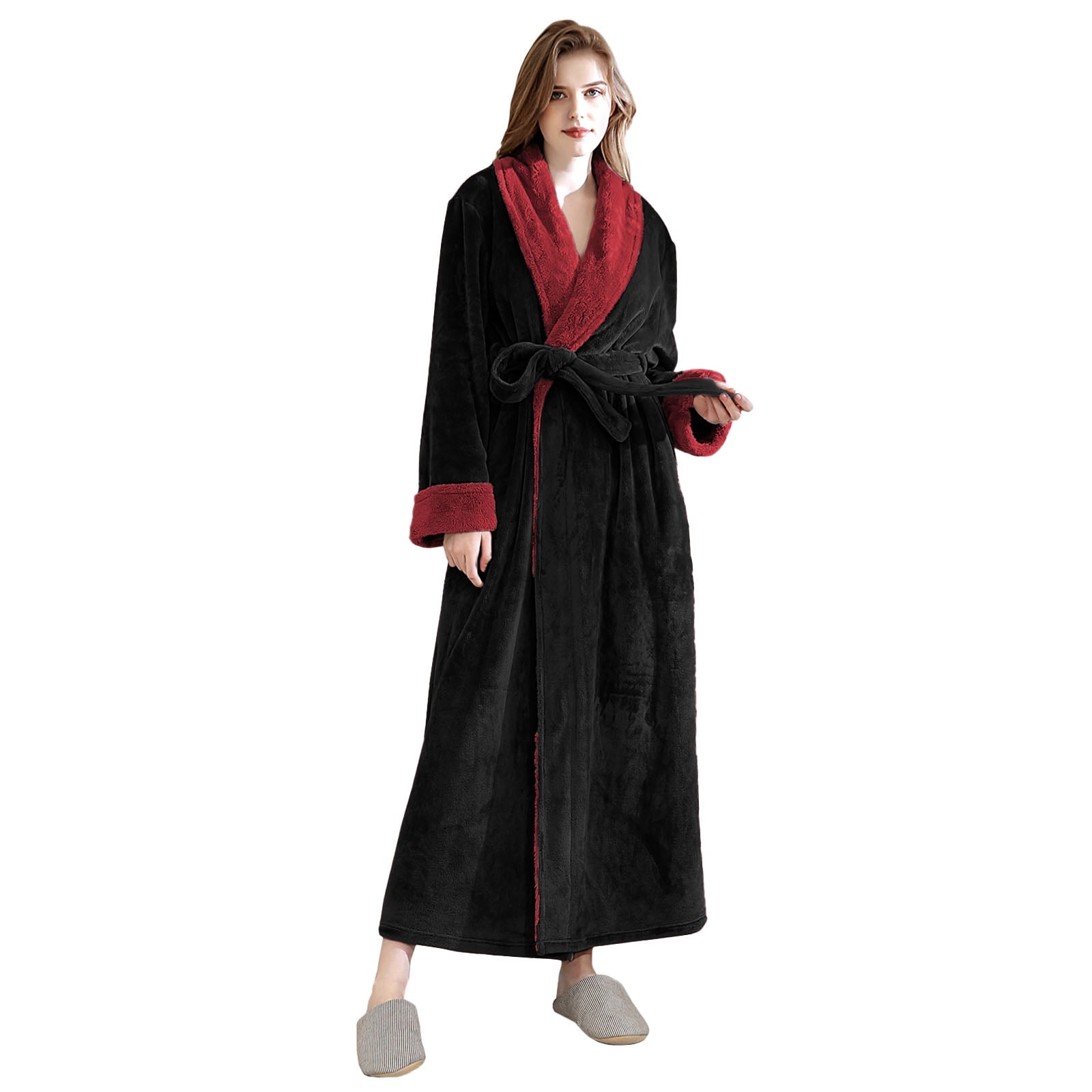Women's Fleece Long Robe Warm Flannel Sherpa Trim Plush Bathrobe with Belt Pockets, M & Black ...