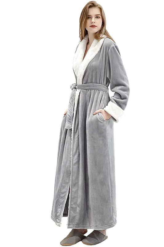 Women's Fleece Long Robe Warm Flannel Sherpa Trim Plush Bathrobe with ...
