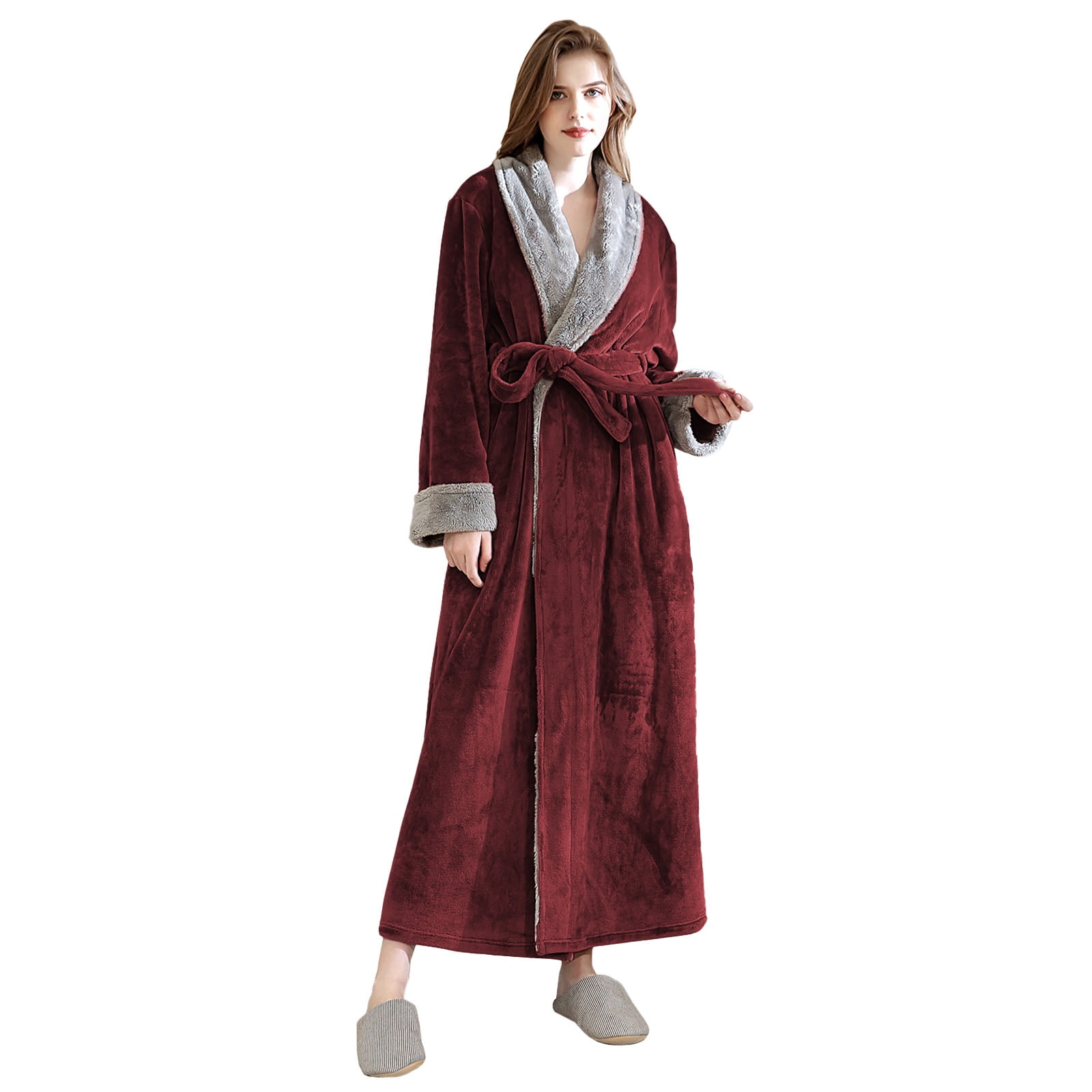 Women's Fleece Long Robe Warm Flannel Sherpa Trim Plush Bathrobe with ...