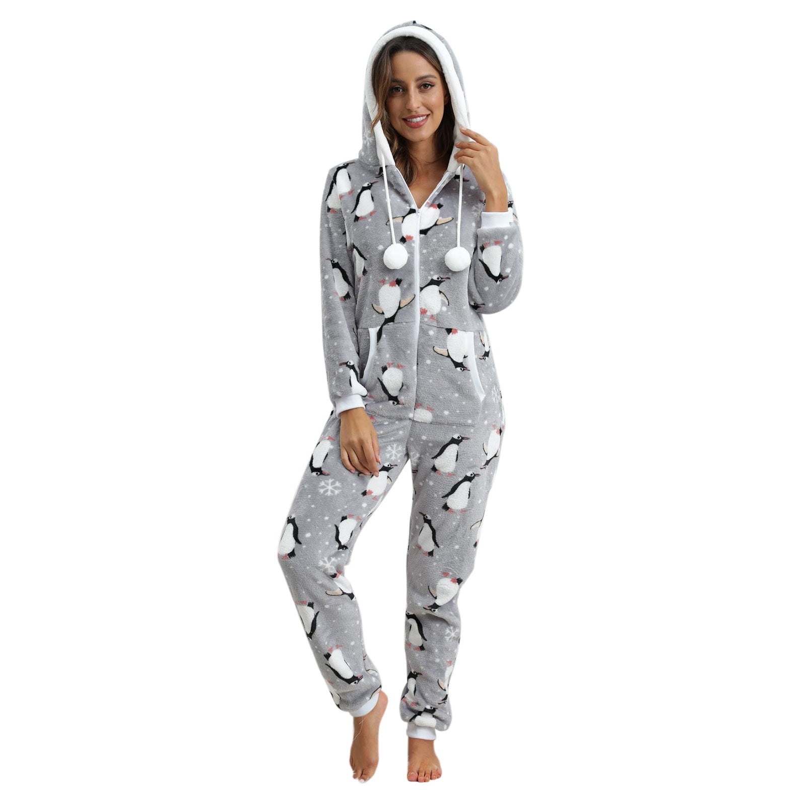 Women's Fleece Pajamas Printing Sleepwear Pajamas Hooded Jumpsuit ...