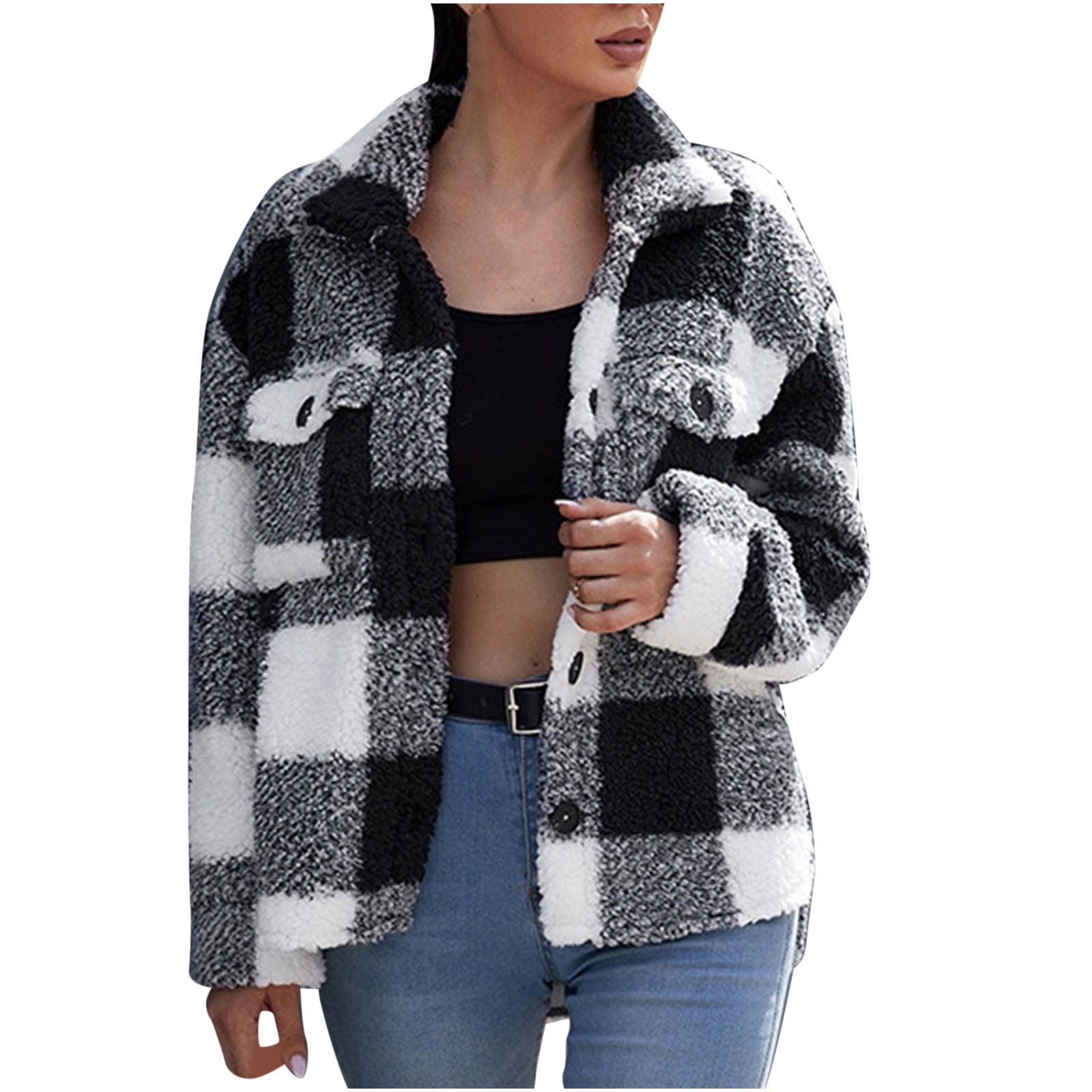 Women's Fleece Plaid Jacket Coats Button Down Lapel Sherpa Lined Shacket Jacket Outwear Long ...
