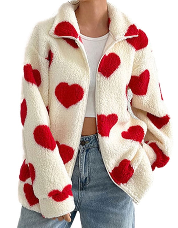 Women's Fleece Sherpa Jacket Heart Print Full Zip Loose Winter Warm ...
